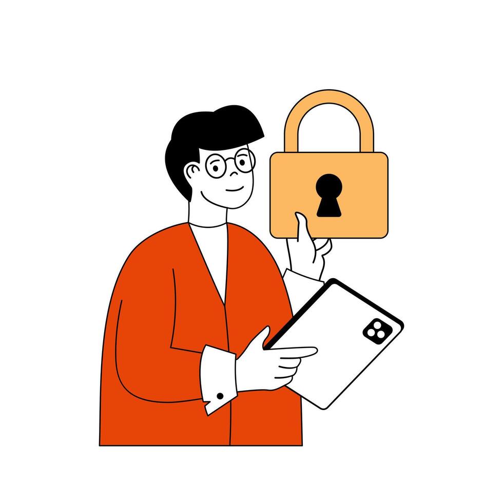 Cyber Security Concept With Cartoon People In Flat Design For Web Man Using Protection System