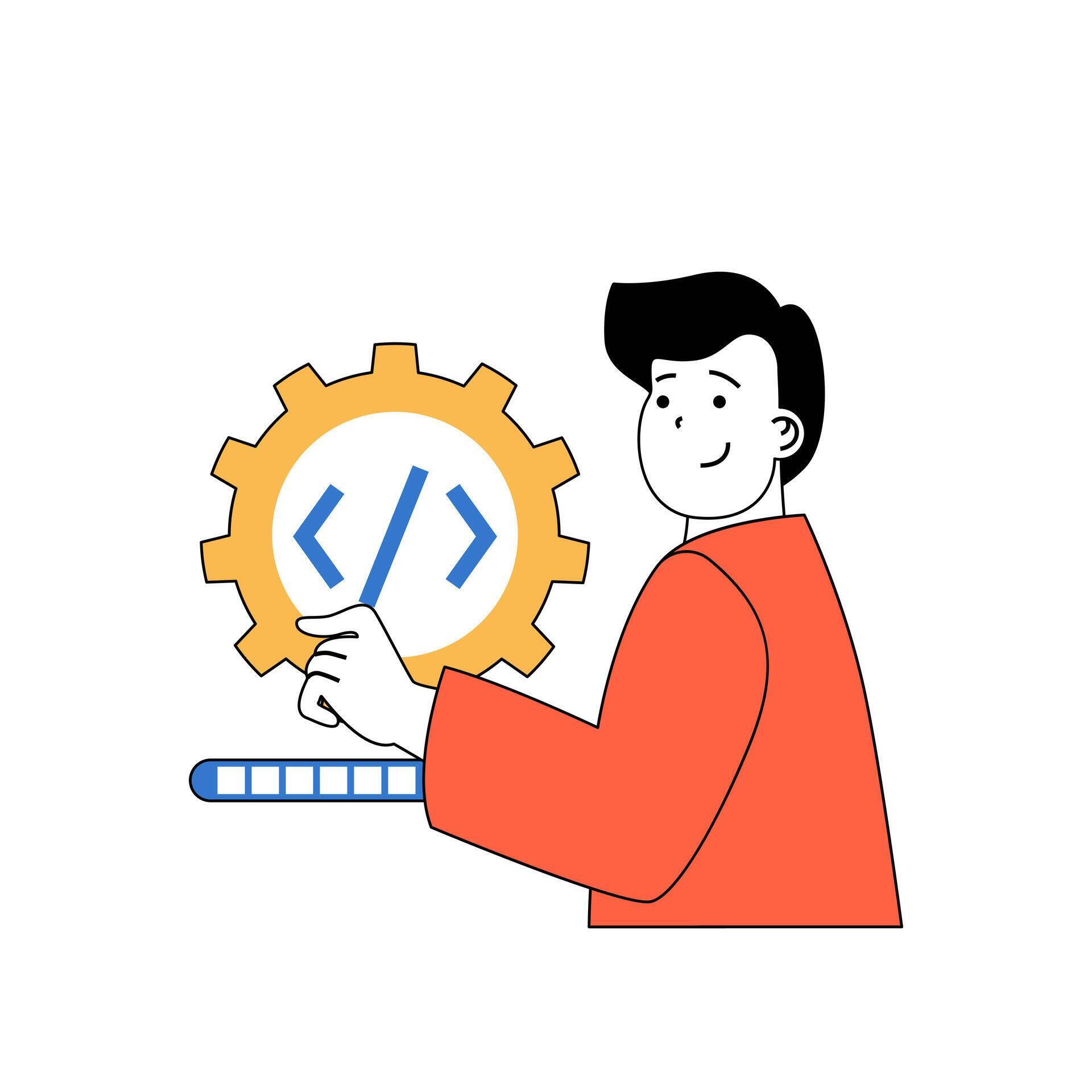 Programming concept with cartoon people in flat design for web. Man ...