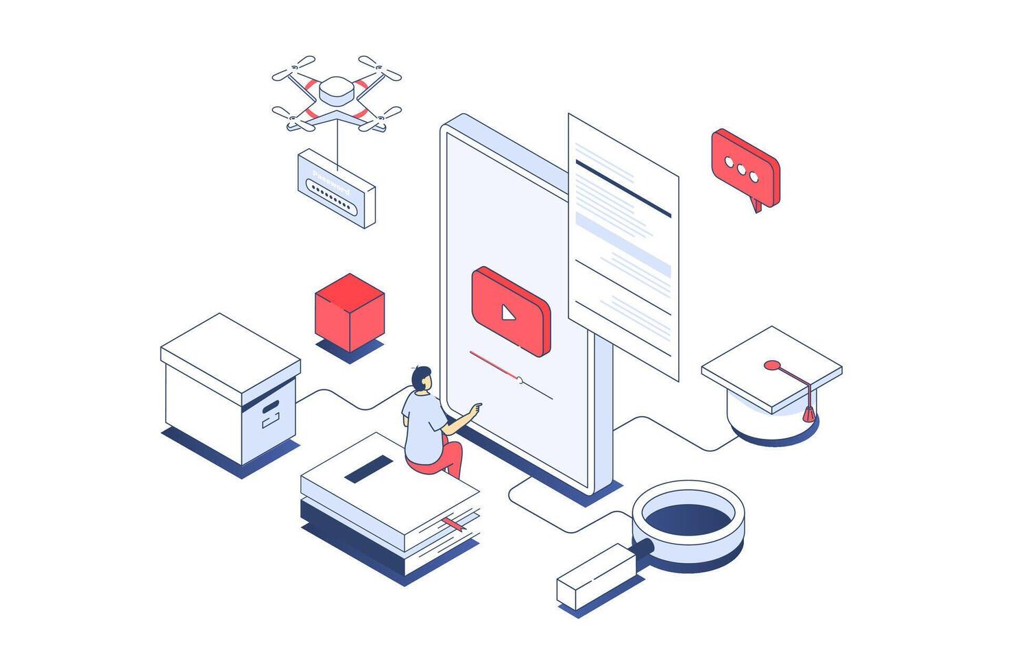 Modern education concept in 3d isometric design. Student watching tutorials or video lectures in ...