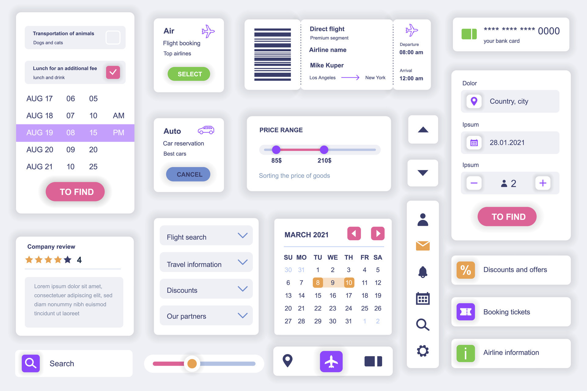 User Interface Elements Set For Booking Mobile App Kit Template With