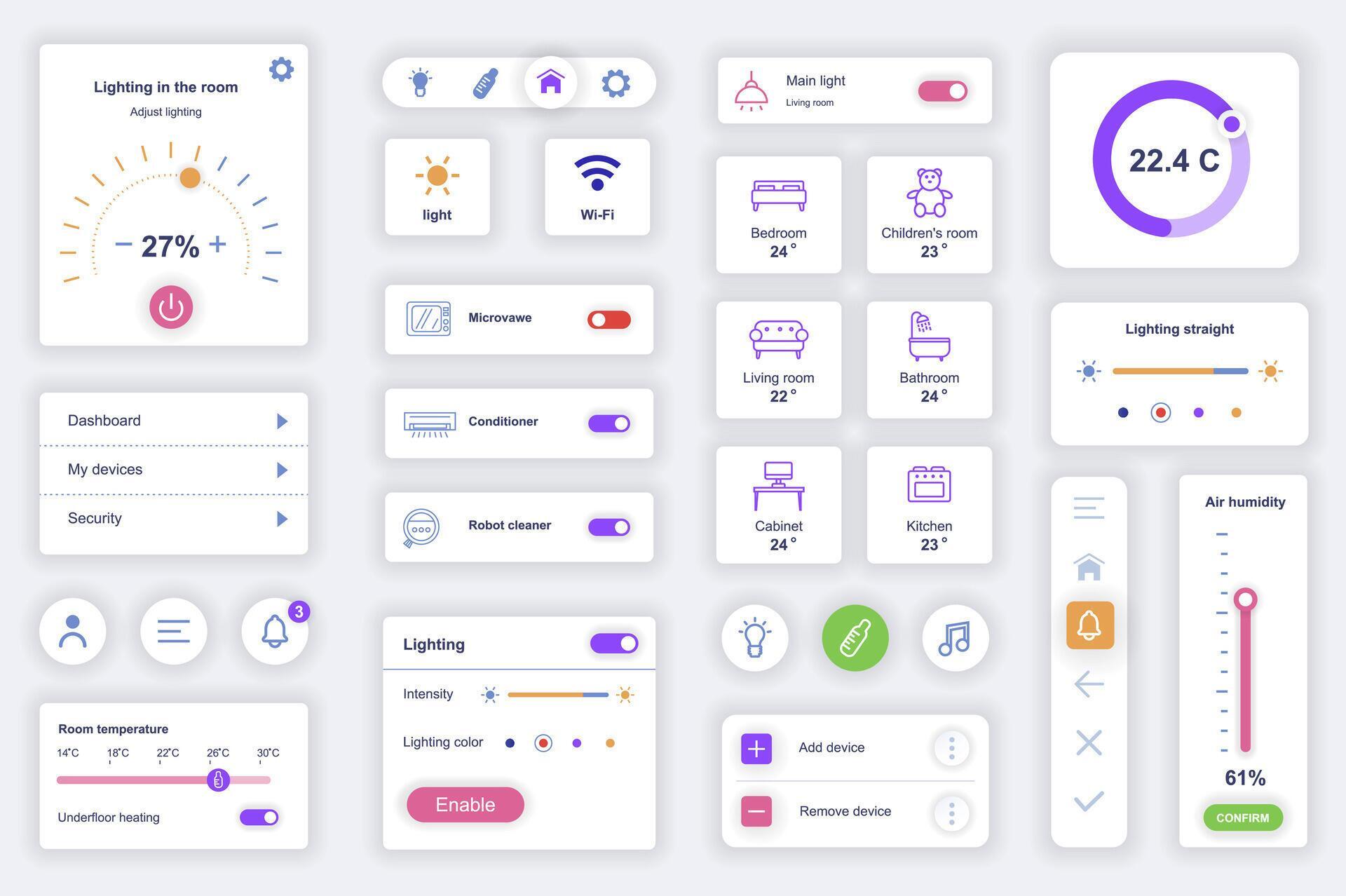 User Interface Elements Set For Smart Home Mobile App Kit Template With Hud Diagrams Security