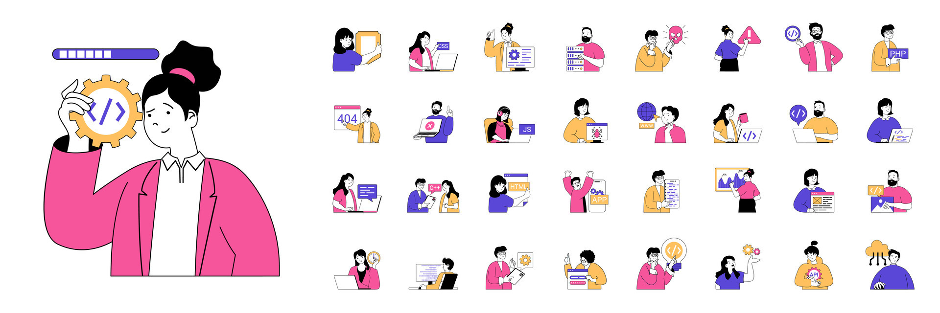 Programming concept with character situations mega set in flat web ...