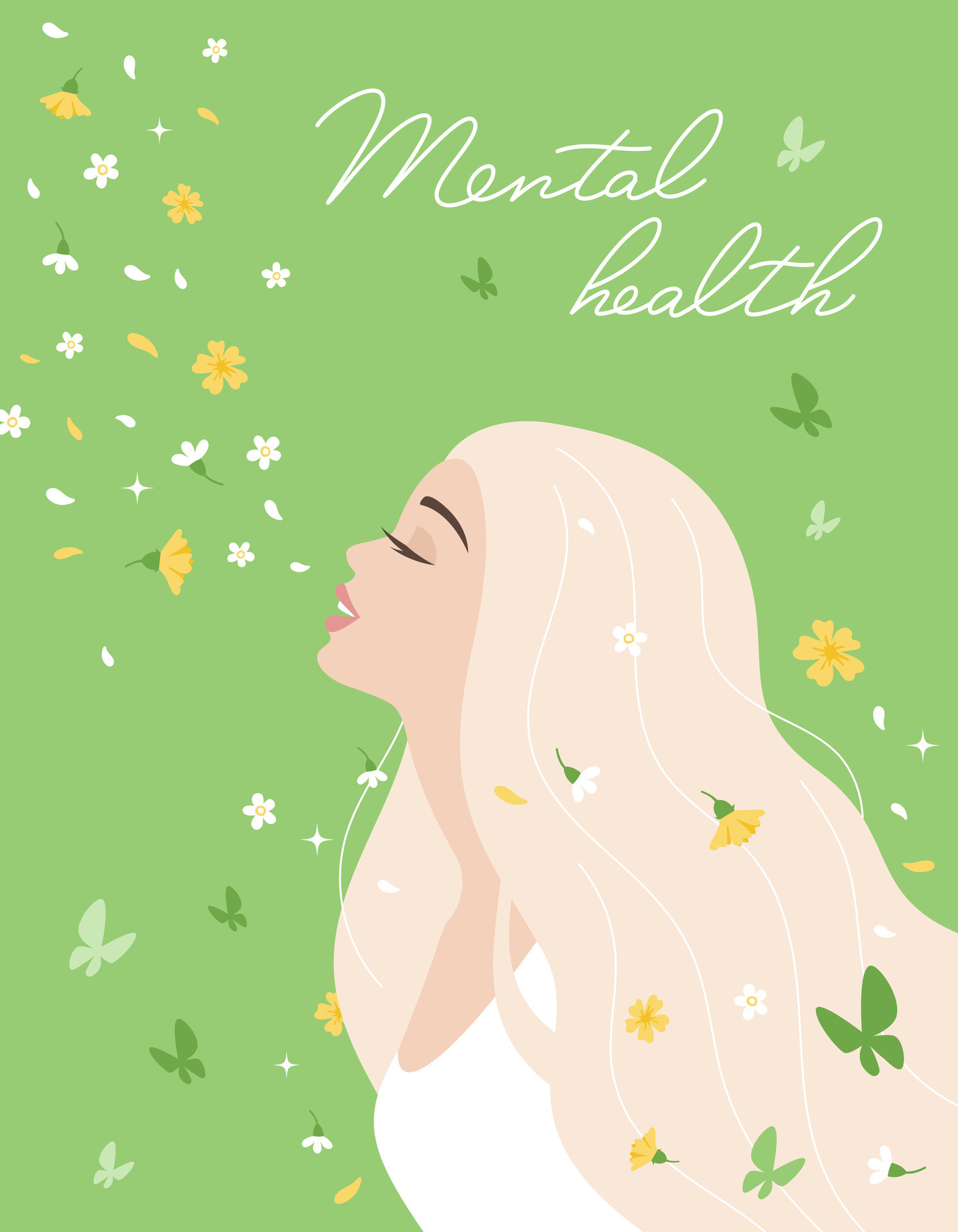 Spring, woman in profile, hair blowing in a light wind with flowers ...