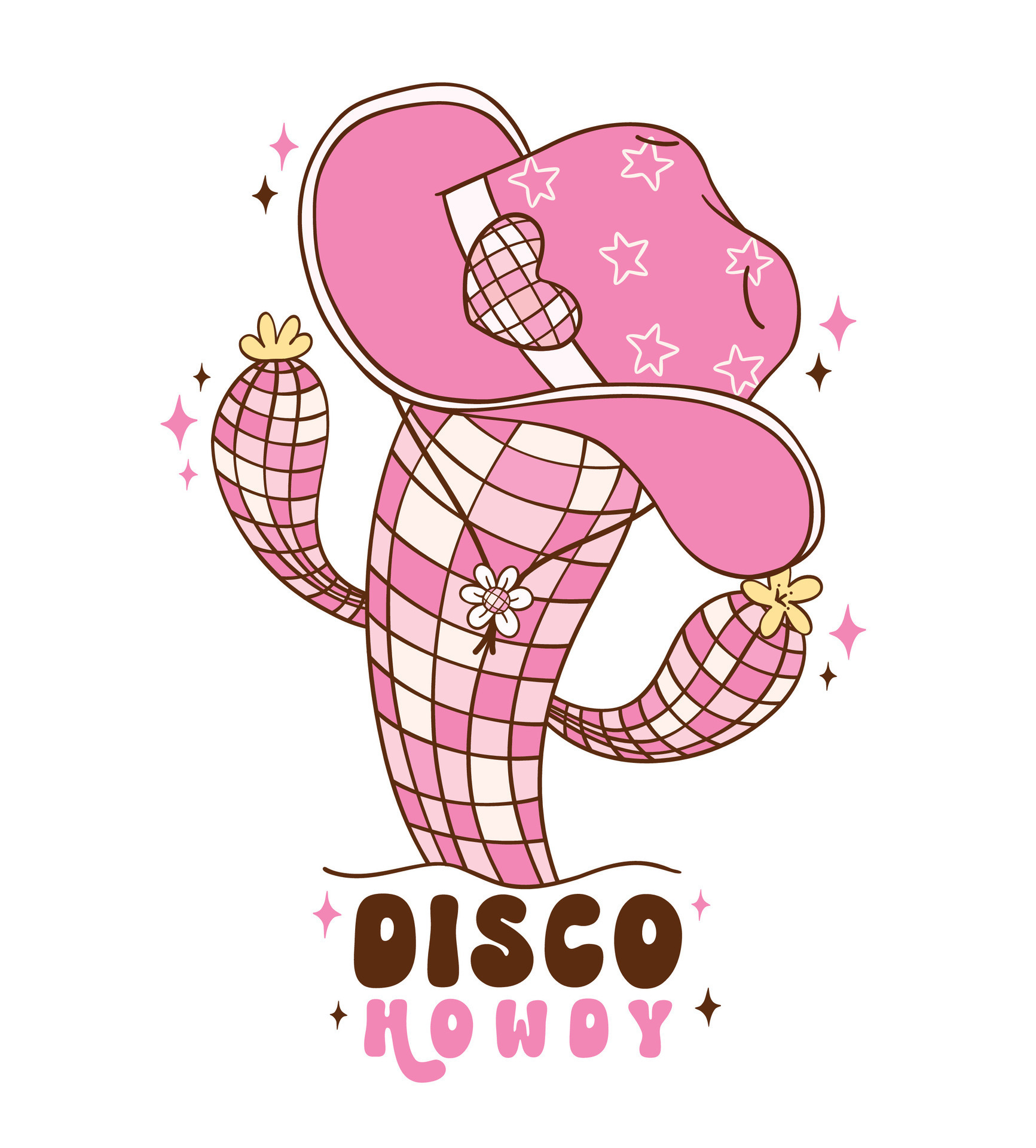 Disco Cowgirl cautus with hat doodle hand drawing illustration, trendy ...