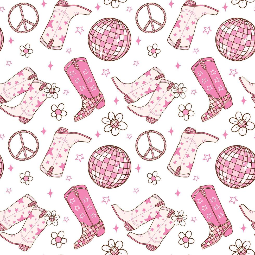 Disco Cowgirl boots Seamless Pattern Groovy Repeating Background Vibes ...