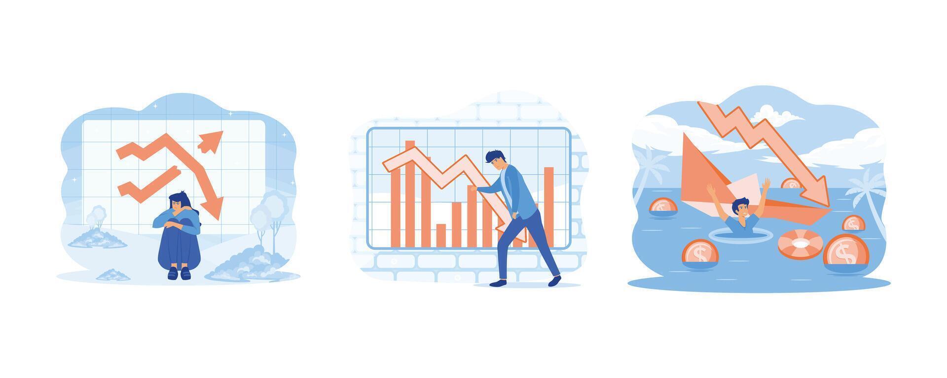 crisis concepto. dinero disminuir. bancarrota negocio. conjunto plano vector moderno ilustración ...
