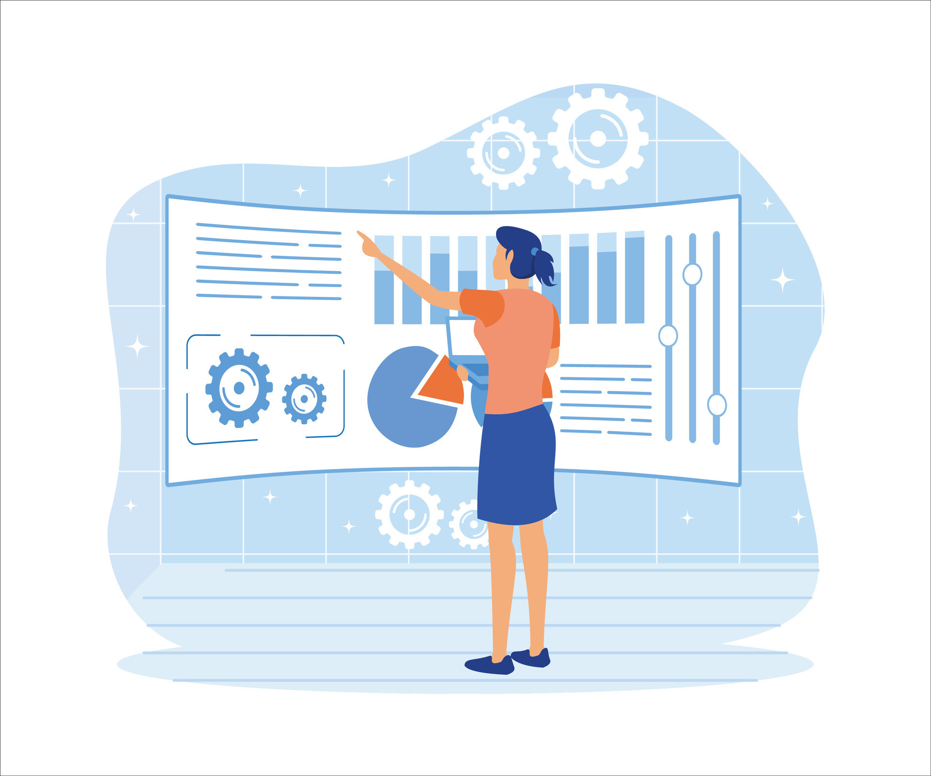 Big data visualization concept. Woman analyzing data visualization on ...