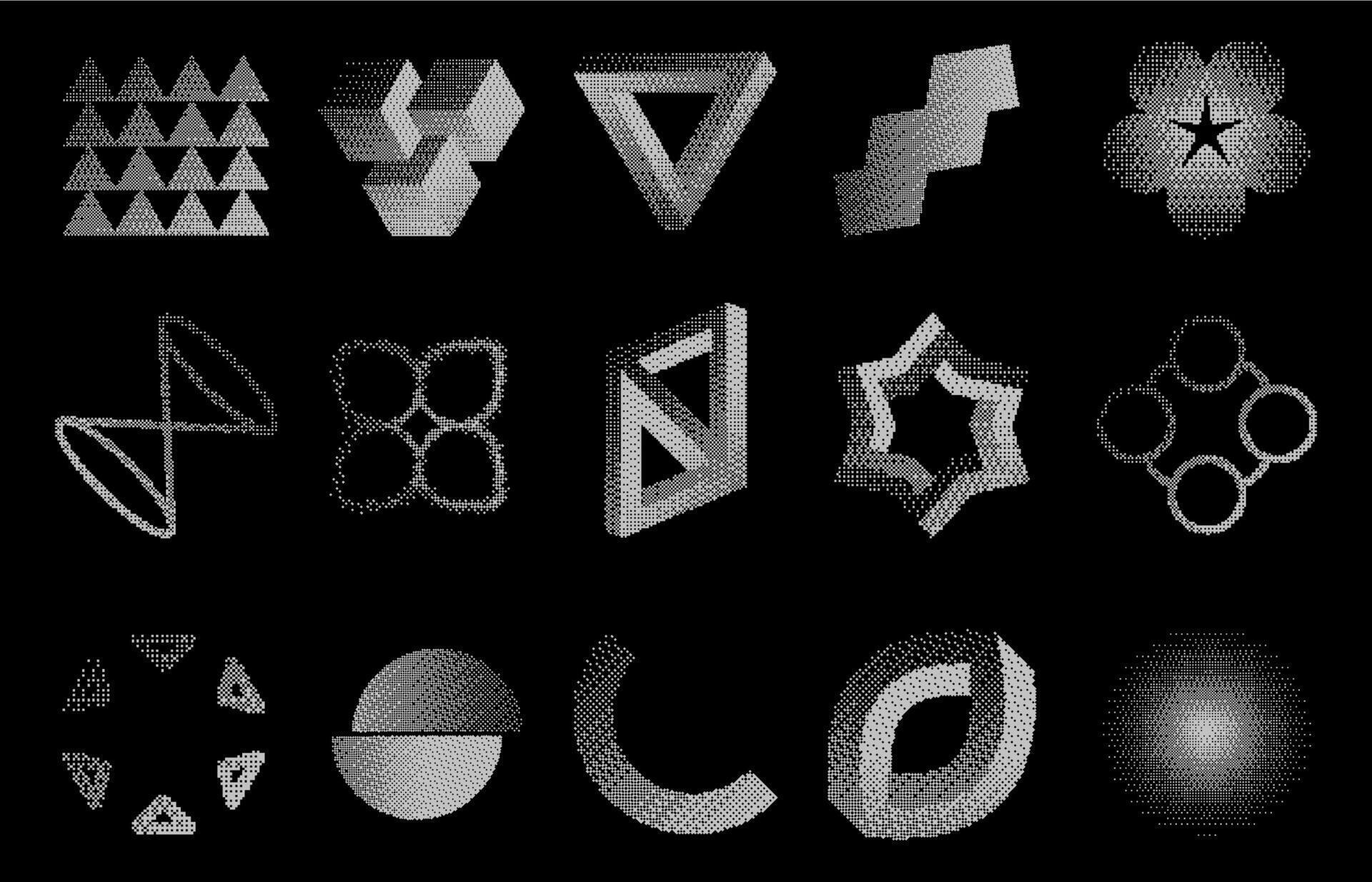 Bitmap dither figures. Abstract pixel gradient geometric shapes with distort and glitch effect ...