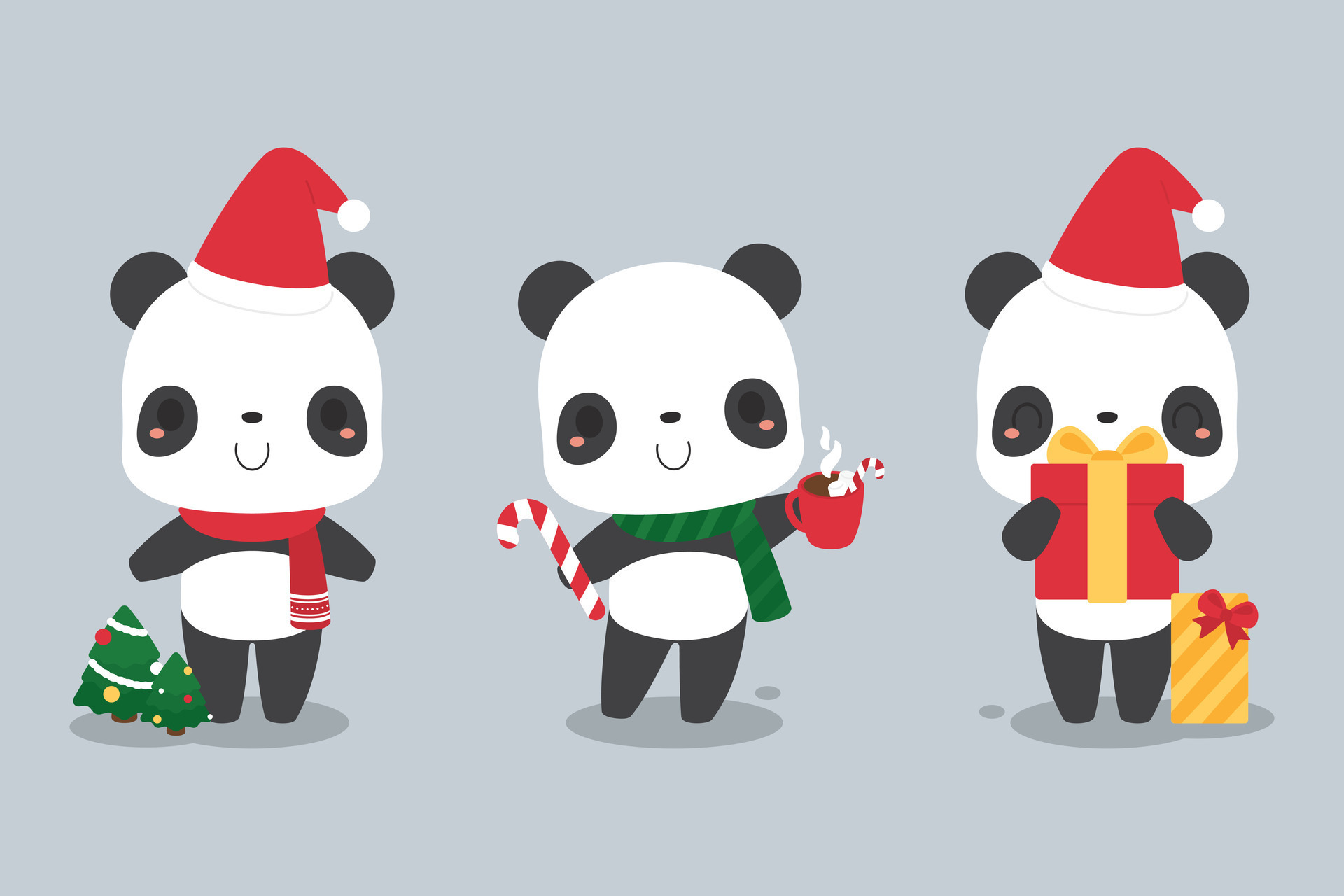 Set Of Cute Panda Bear Cartoon Characters In Festive Christmas Holiday