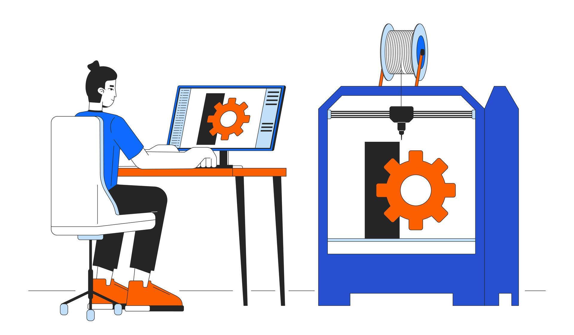 3D printing in mechanical engineering line cartoon animation. Prototyping 4K video motion ...