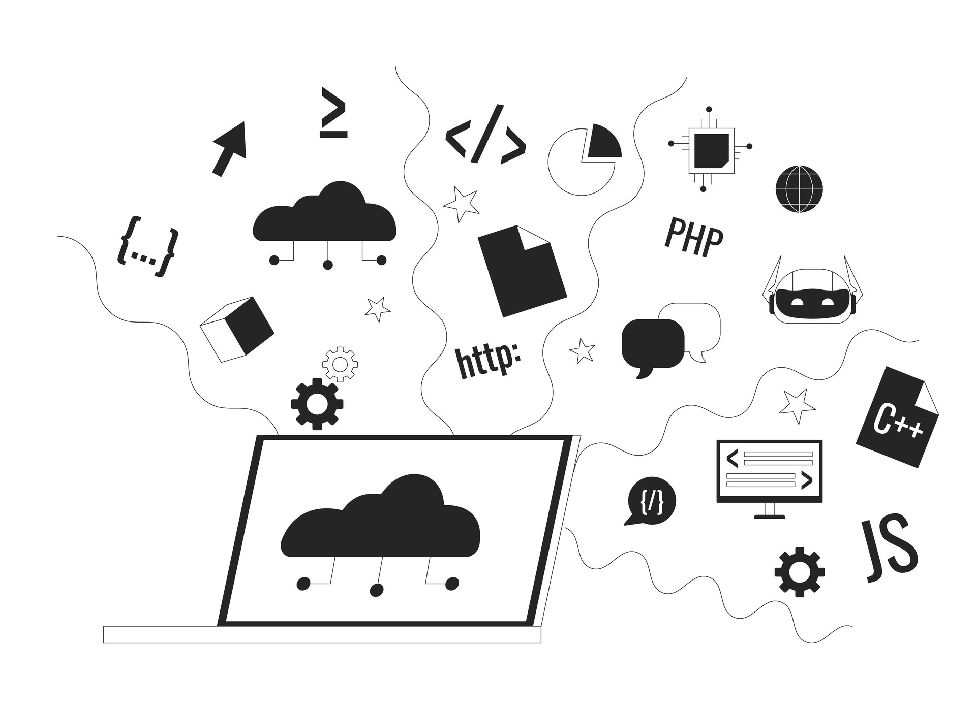 Cloud based software development black and white 2D line cartoon object ...