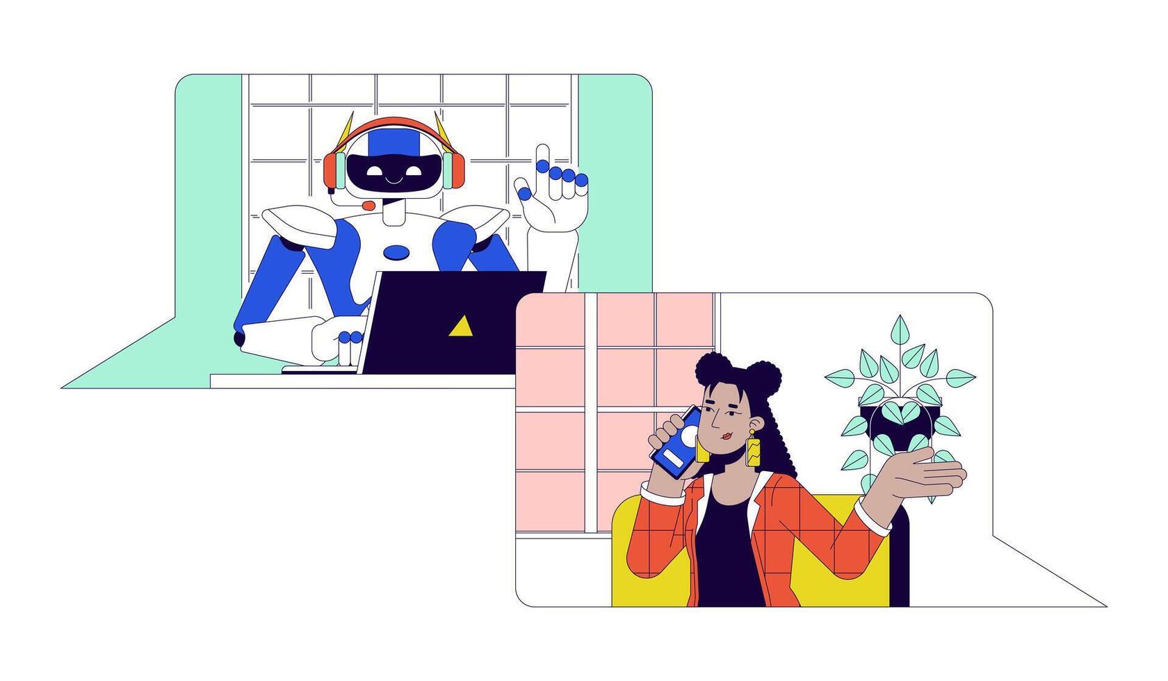 AI consultant 2D linear illustration concept. Robot assistant answering ...