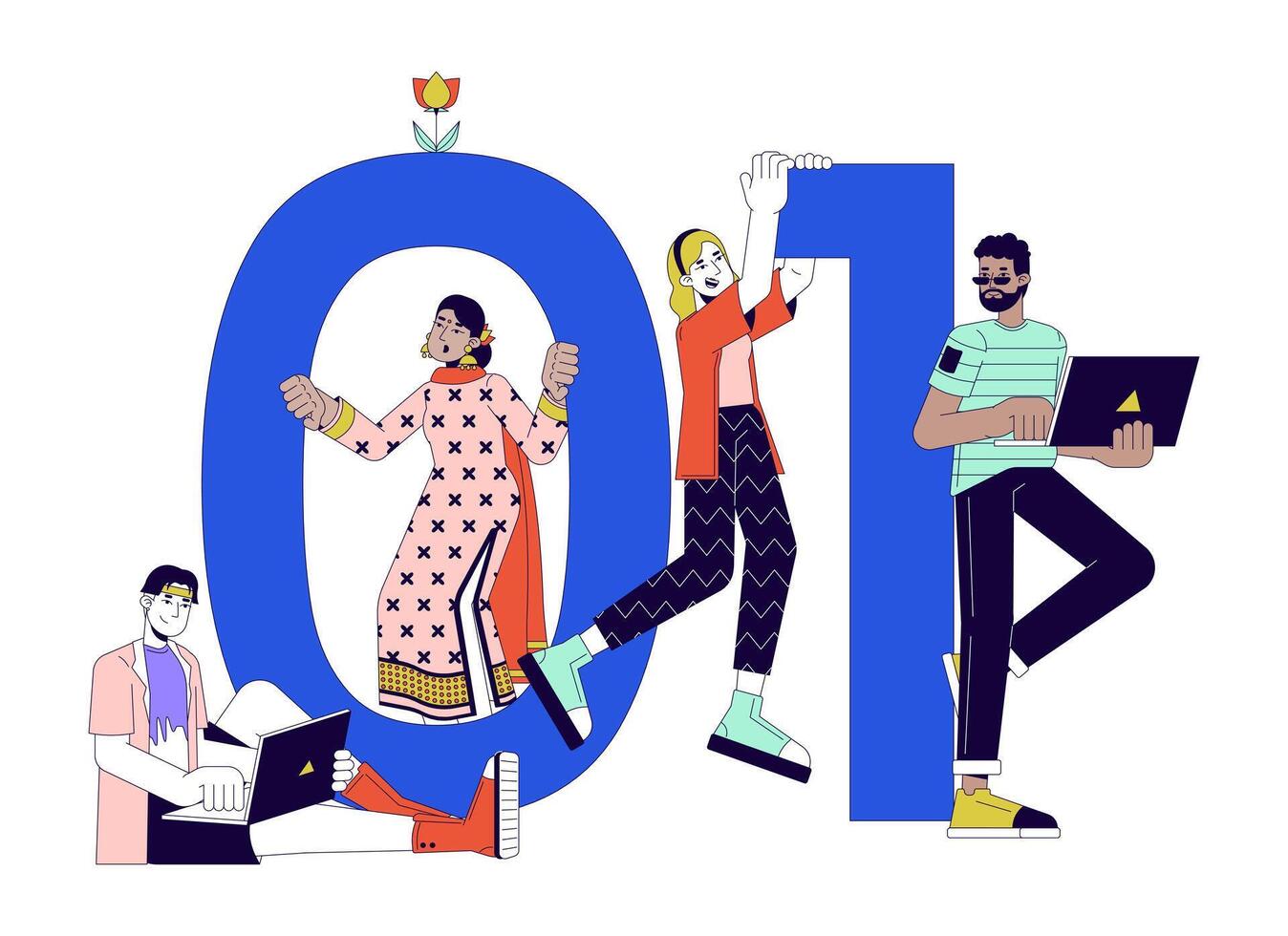 Binary Code 2d Linear Illustration Concept Programming Specialists Developers Team At Work