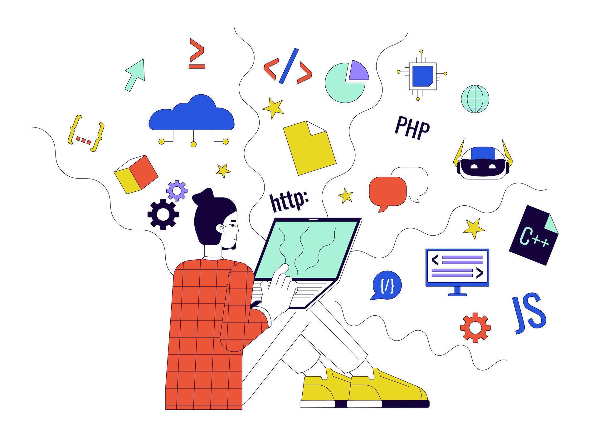 Development world 2D linear illustration concept. Coding process ...