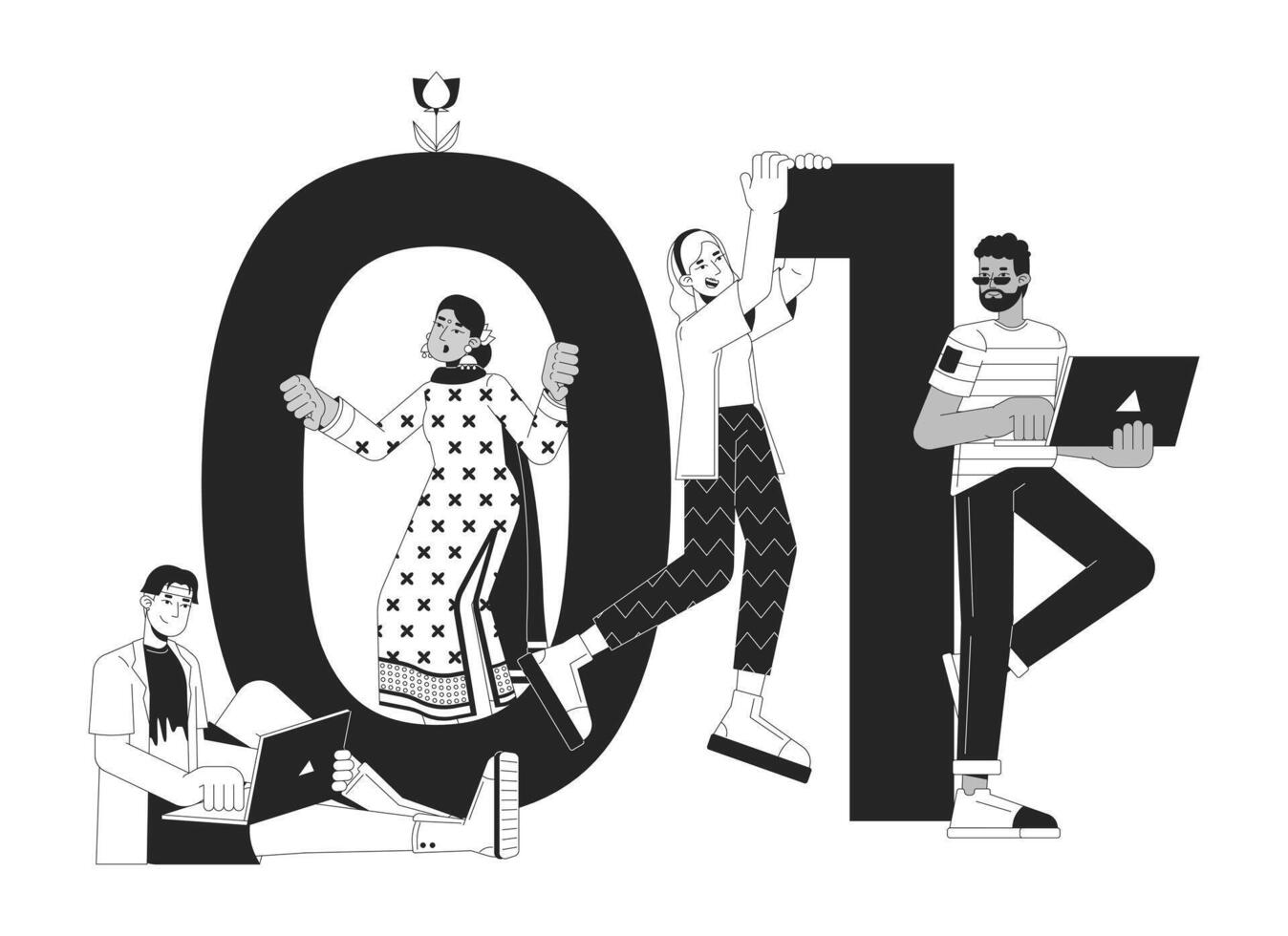 Binary code black and white 2D illustration concept. Programming ...