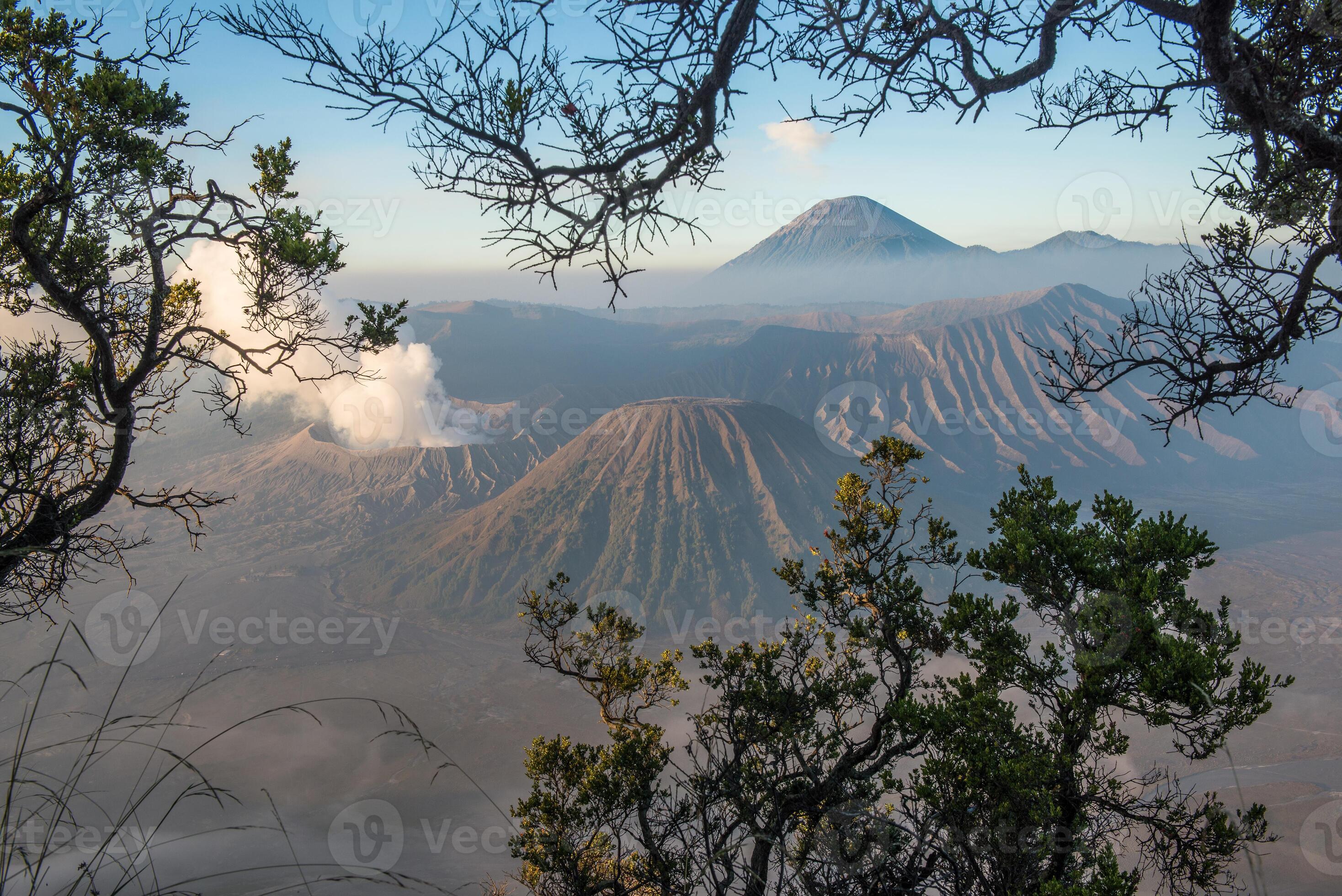 Spectacular view of Mount Bromo at dawn view look through the natural ...