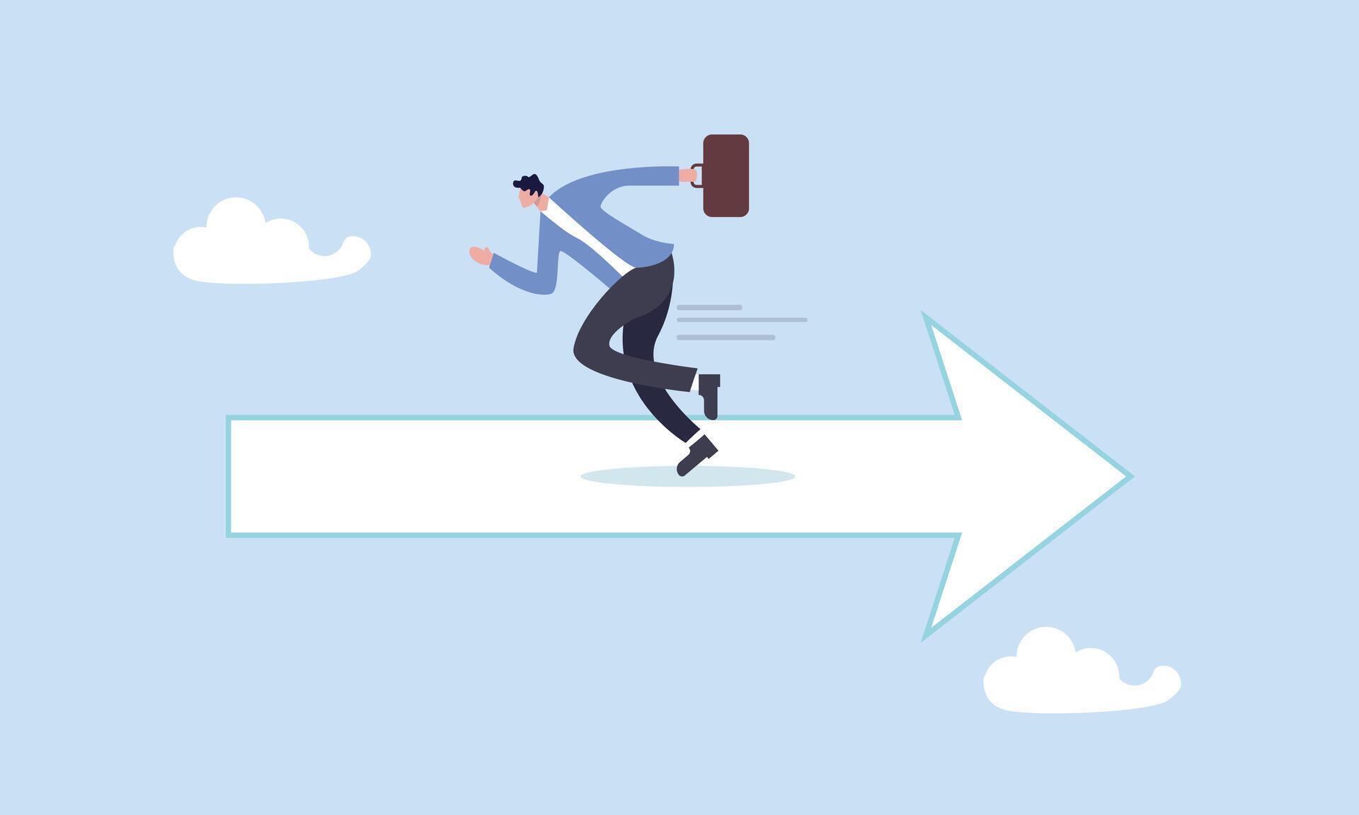 Confused businessman running in wrong opposite direction of trend arrow ... Confused businessman running in wrong opposite direction of trend arrow ...