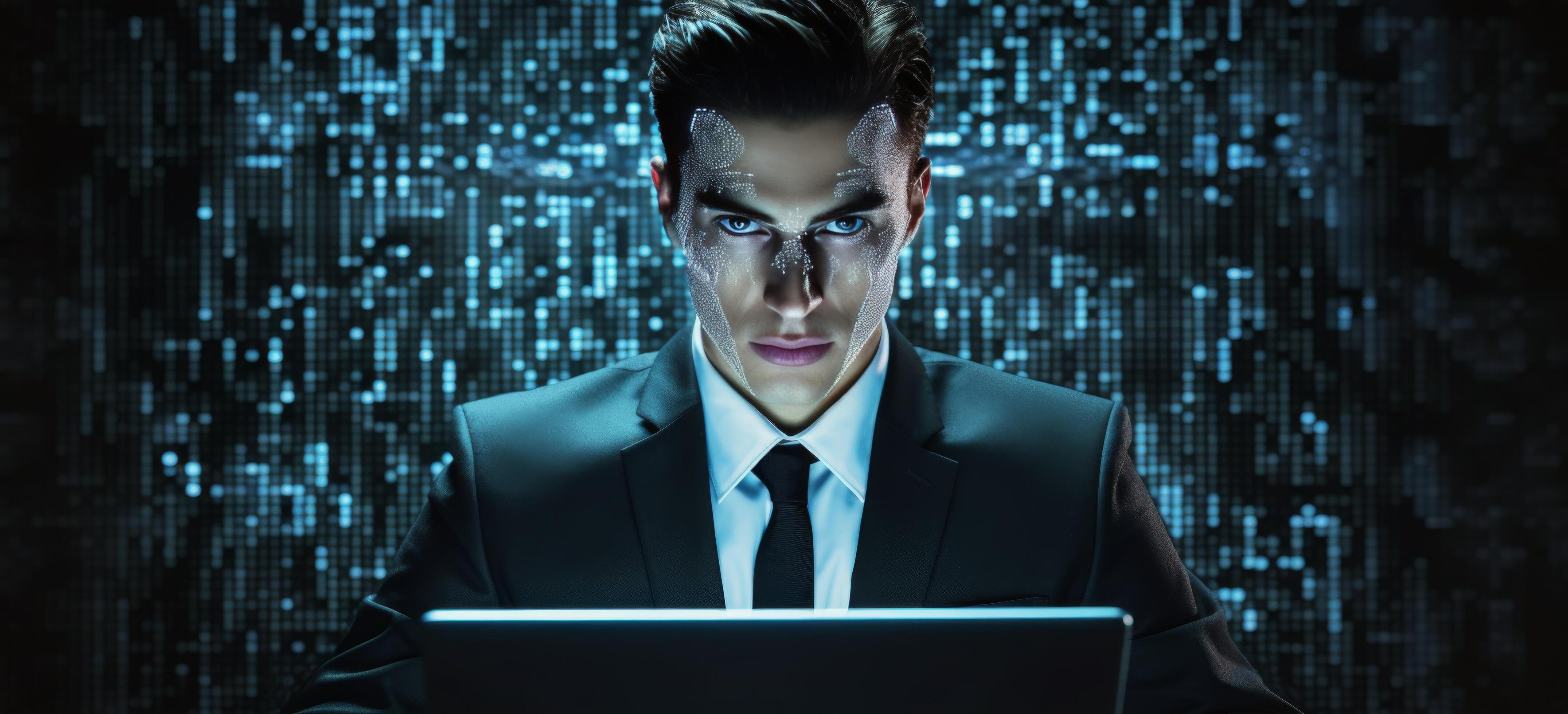AI generated hacker in black suit with digital codes on his face ...