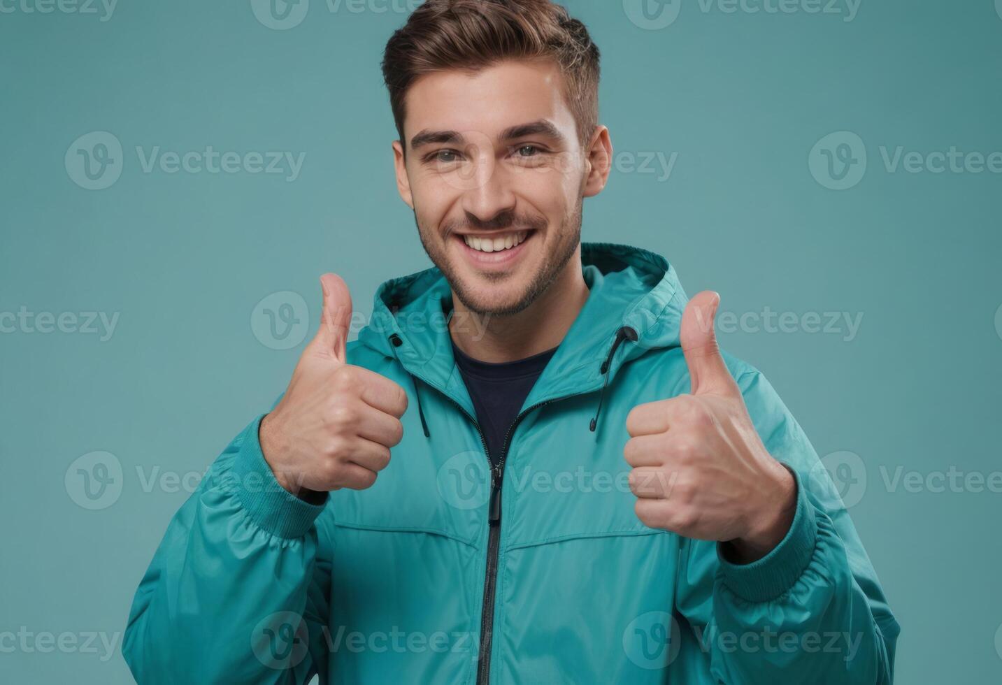 AI Generated A happy man in a teal winter jacket giving a double thumbs ...