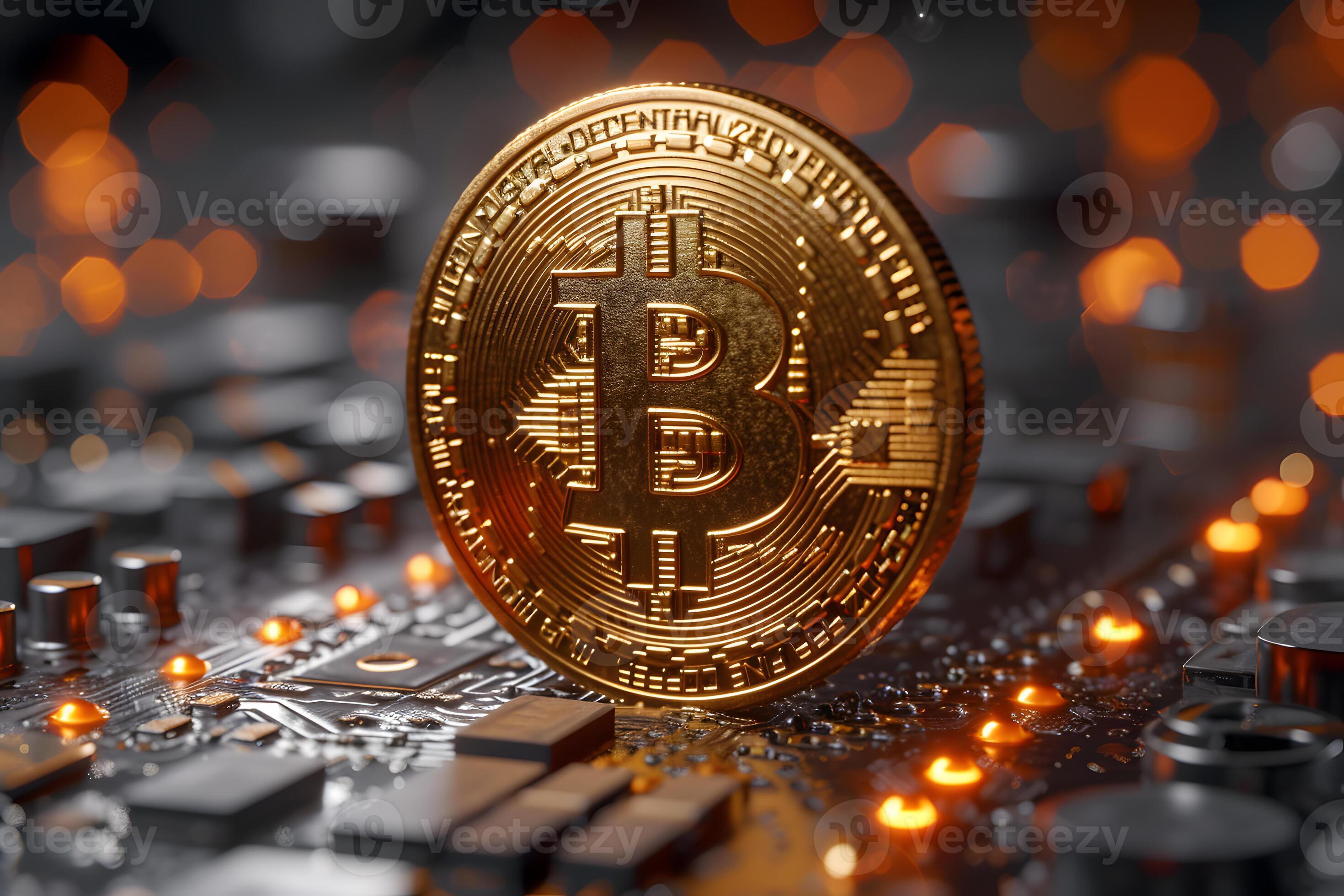 AI generated Bitcoin sits on an electronic circuit board, Illustration by artificial ...