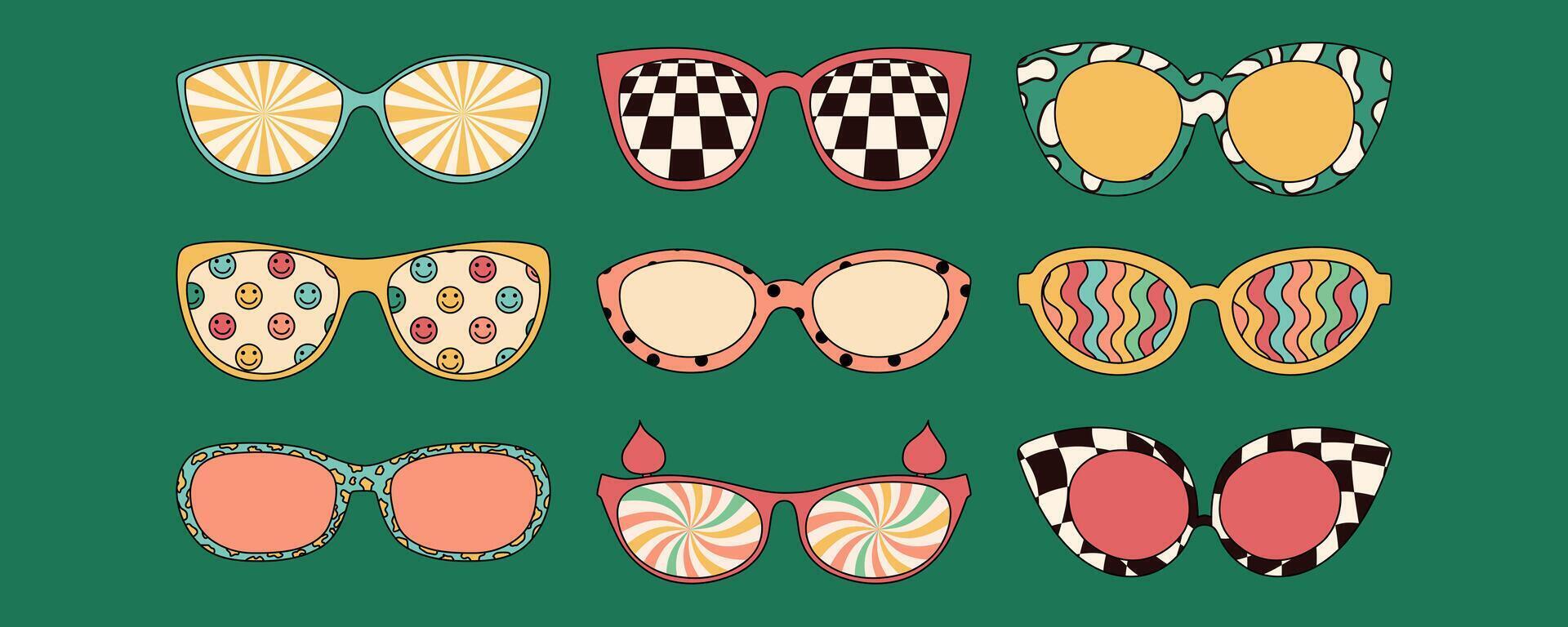 Psychedelic Retro Sunglasses With Different Patterns Trendy Retro 1970s Style Vector