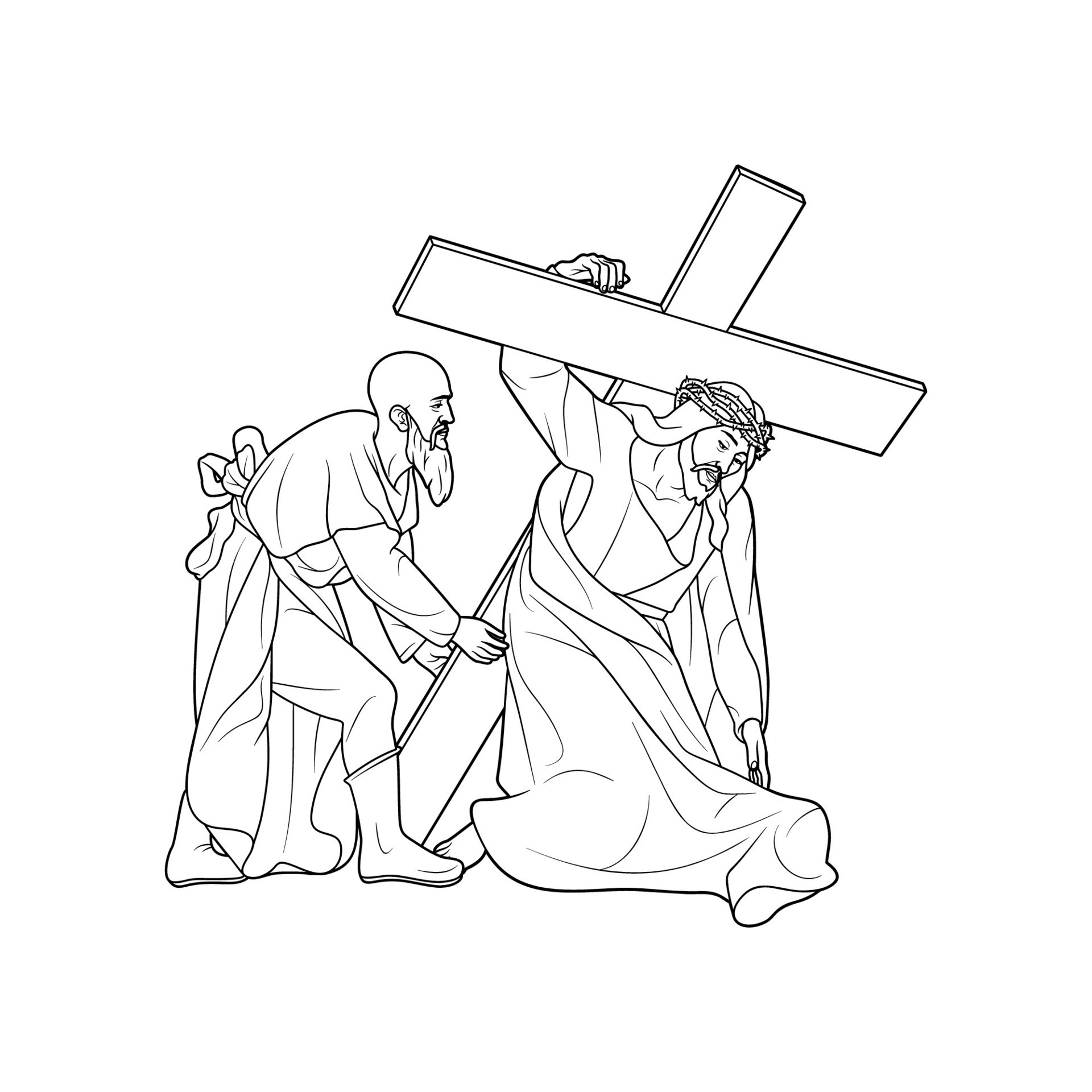 5th Station of the Cross Simon of Cyrene helps Jesus carry the cross Vector Illustration ...