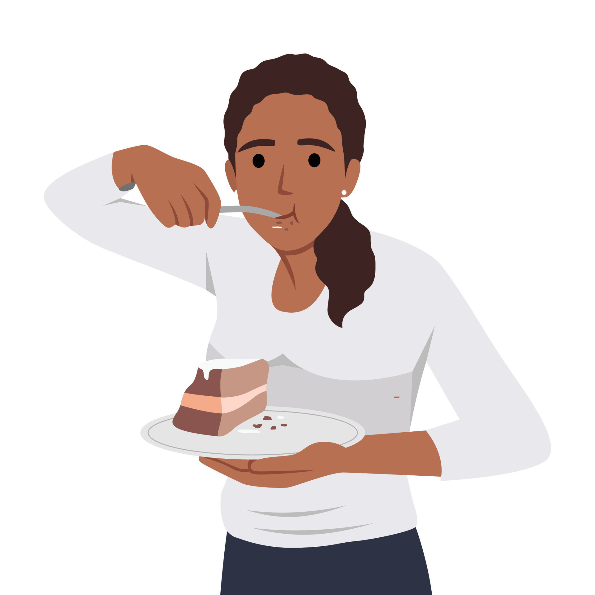 Hungry Young Woman Eating Cake Suffer From Eating Disorder Happy Girl