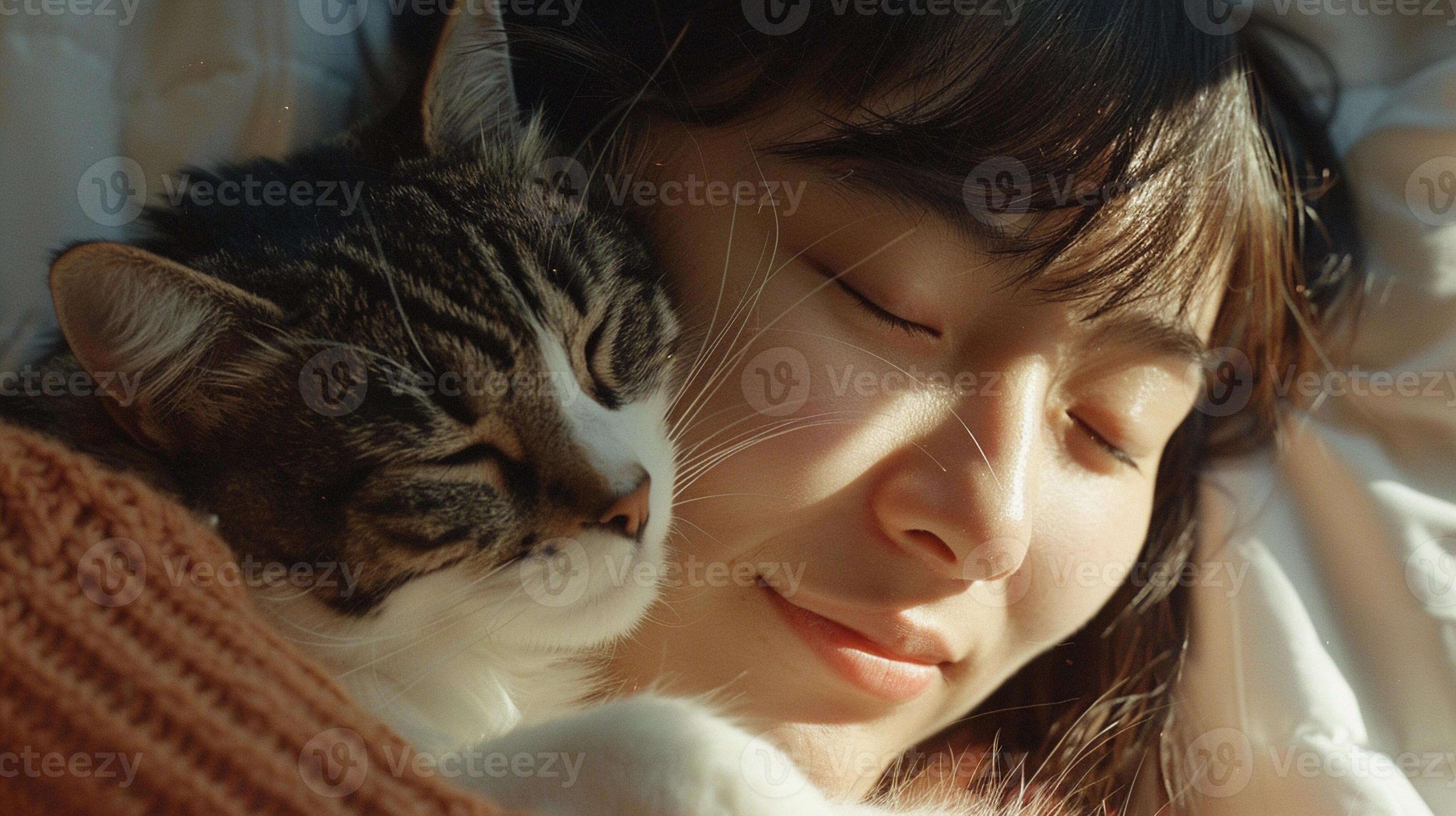 AI generated Close-up of the girl cuddling her cat close to her face, with both displaying ...