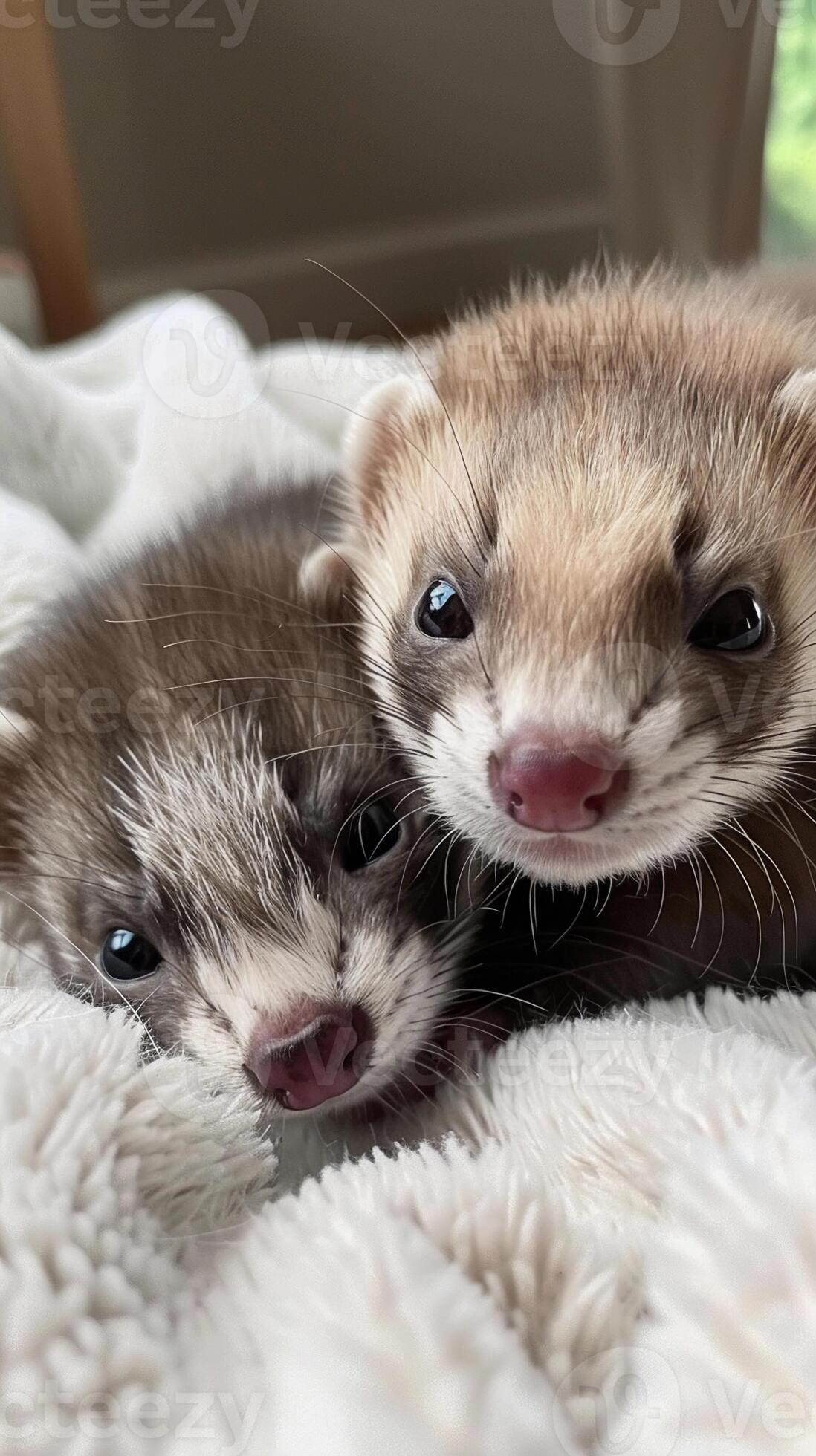 AI generated Furry Ferrets, a pair of furry ferret kits playing together on a white blanket ...