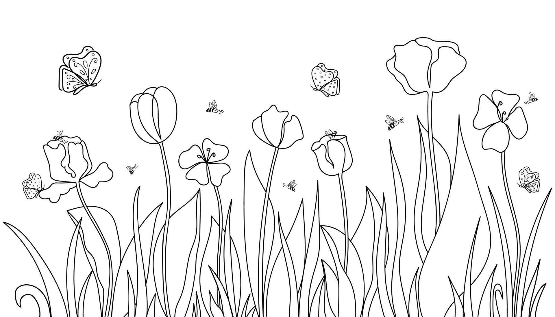 Meadow doodle art. Sketch landscape. Different outline wildflowers ...