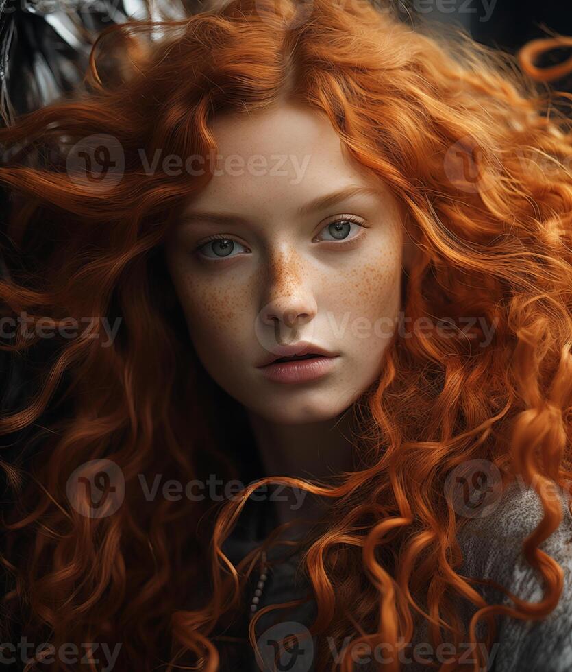 Ai Generated Beautiful Redhead Girl With Freckles And Natural Light Of The Sunset 40339835 Stock