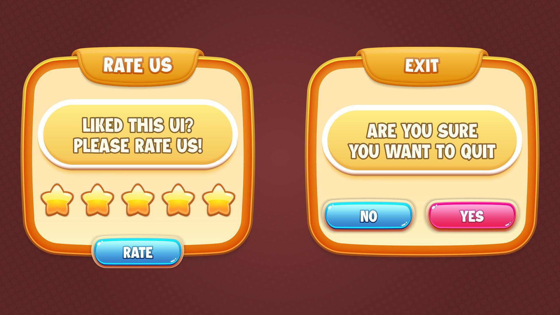 Game Ui Vector Set Rate Us And Exit Popups Buttons And Stars For Building 2d Games On Mobile