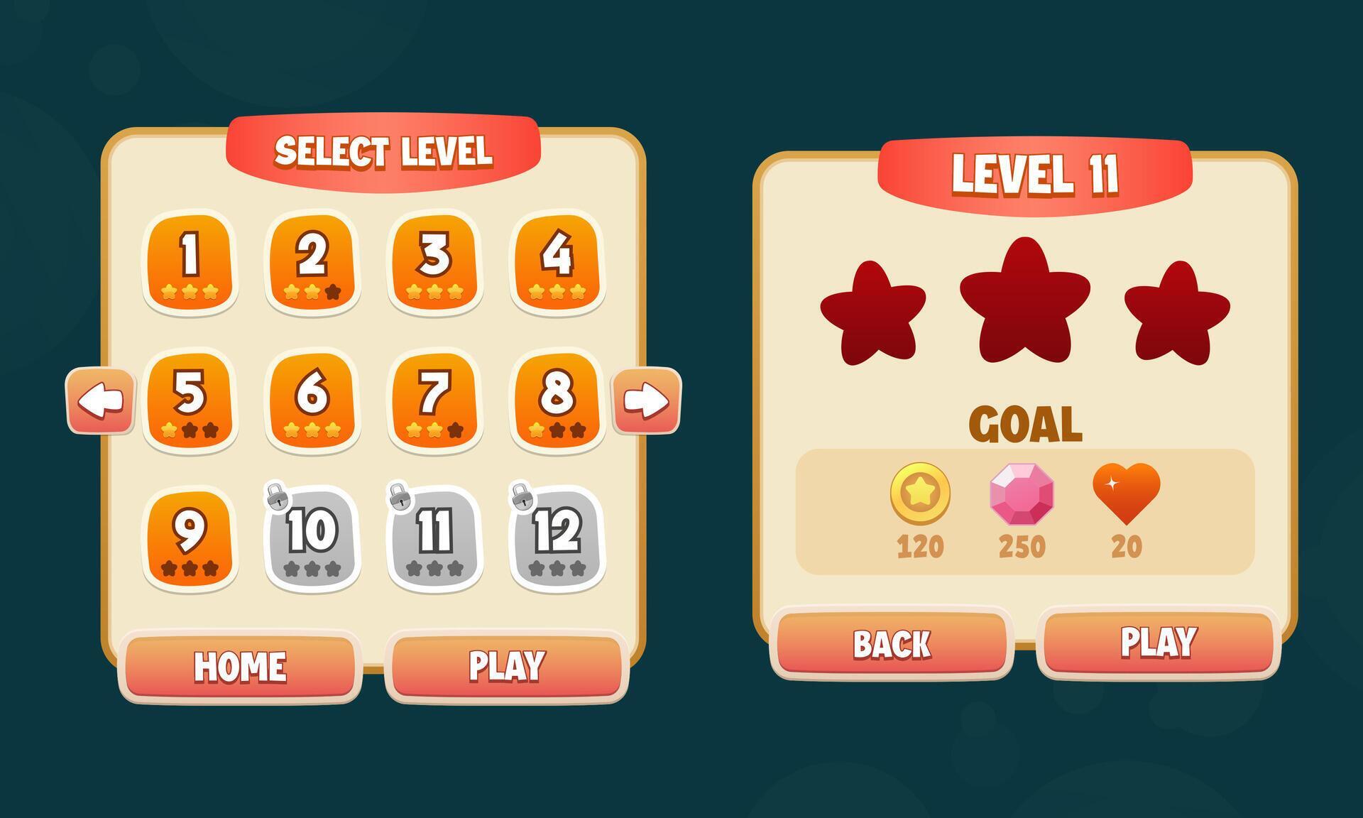 Vector game UI elements. Set of select level and level start popup with editable text effect for ...