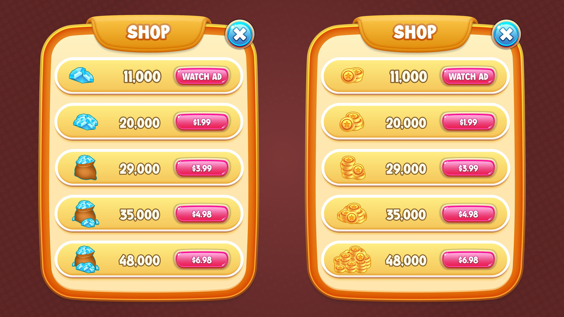 Game UI vector set - diamond shop and coin shop popups, buttons for ...