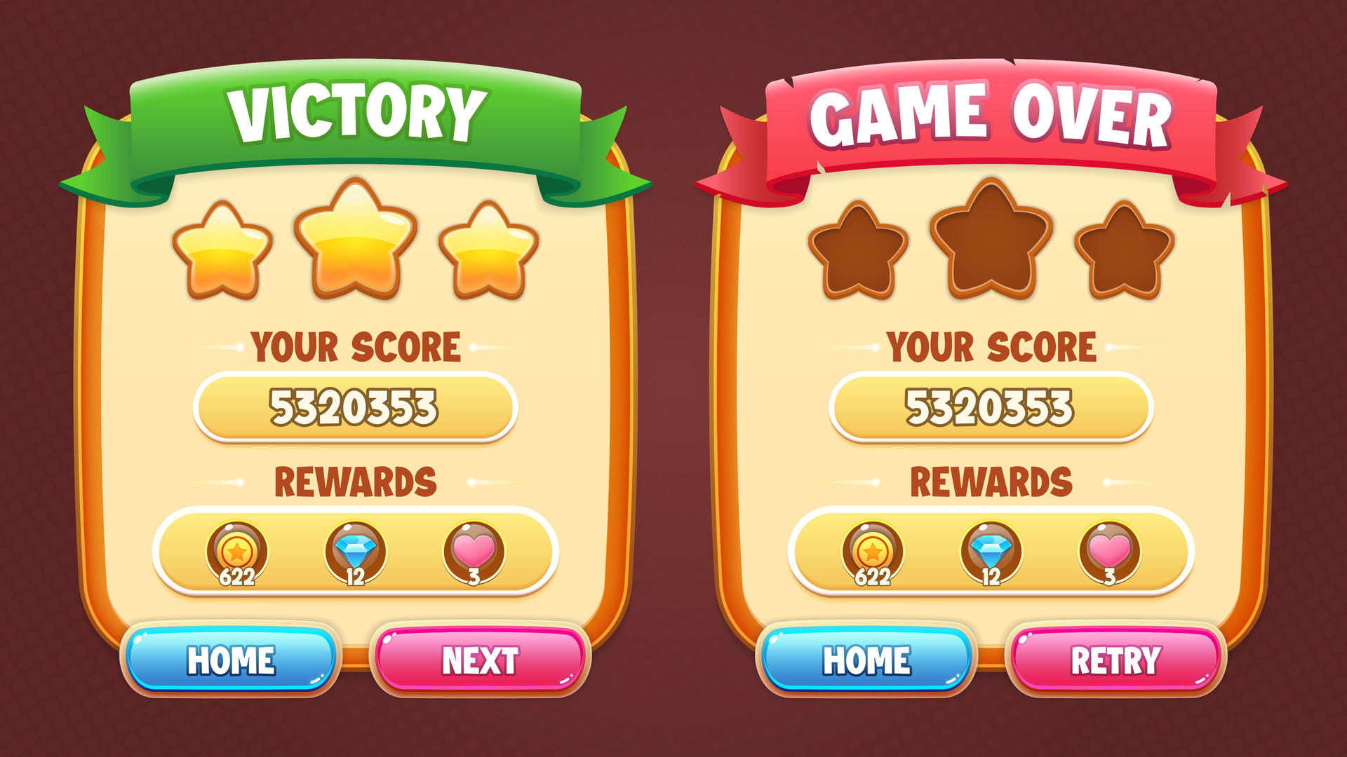 Game UI vector set - victory and game over popups, buttons, coin ...
