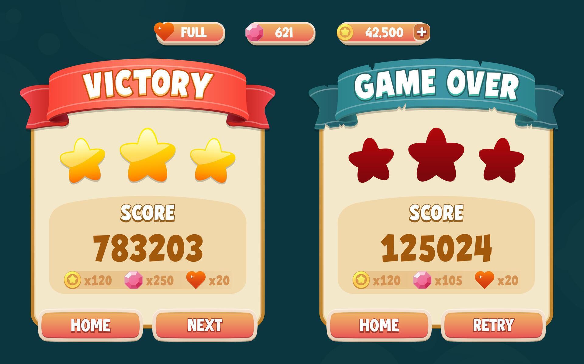 Vector Game Ui Elements Set Of Victory Gameover Popup With Editable Text Effect And Bars For
