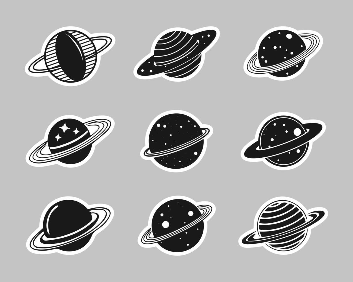 Set of fantastic space planets. Icons, stickers. Black and white ...