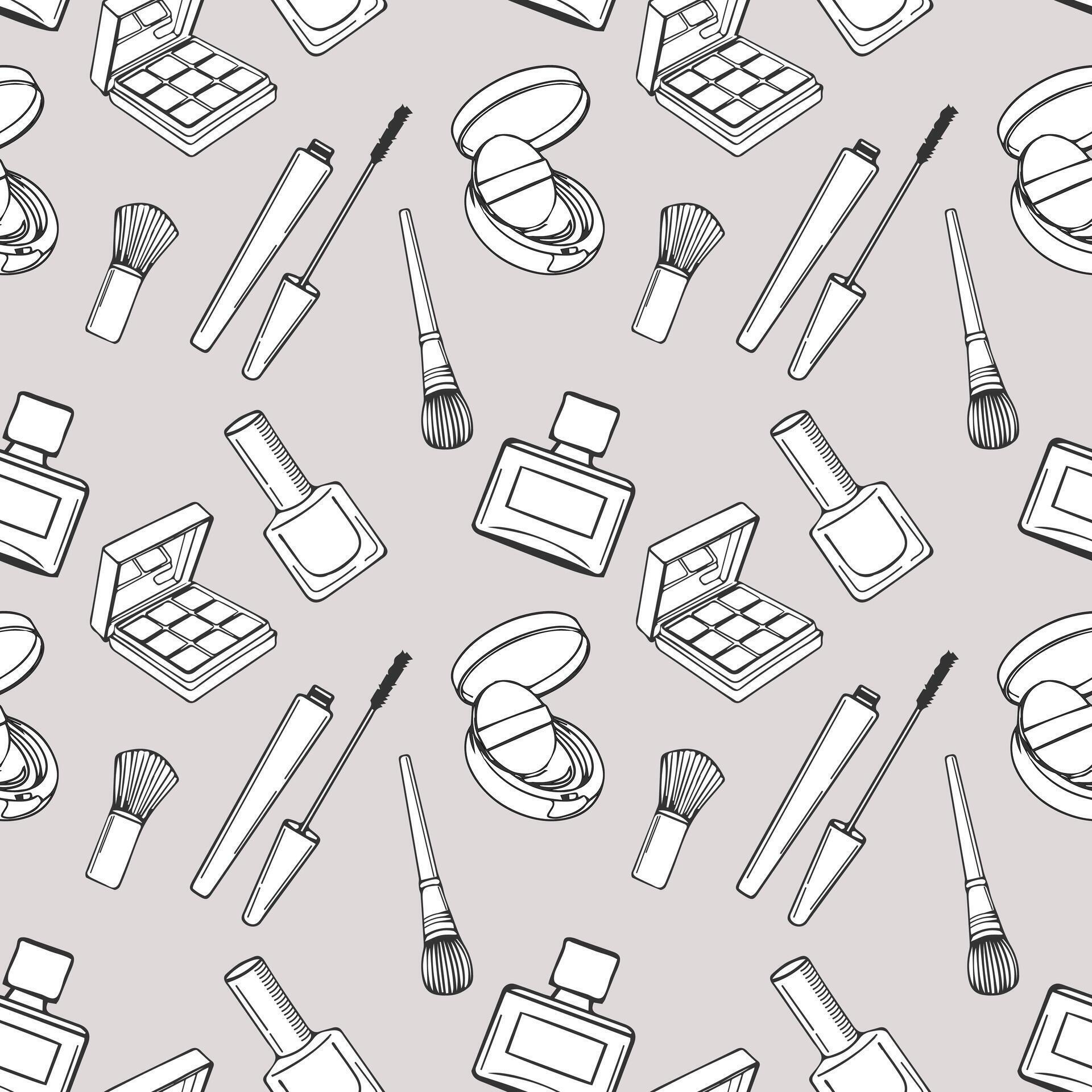 Seamless Pattern Drawn Contour Items Cosmetics On A Light Background Makeup Background