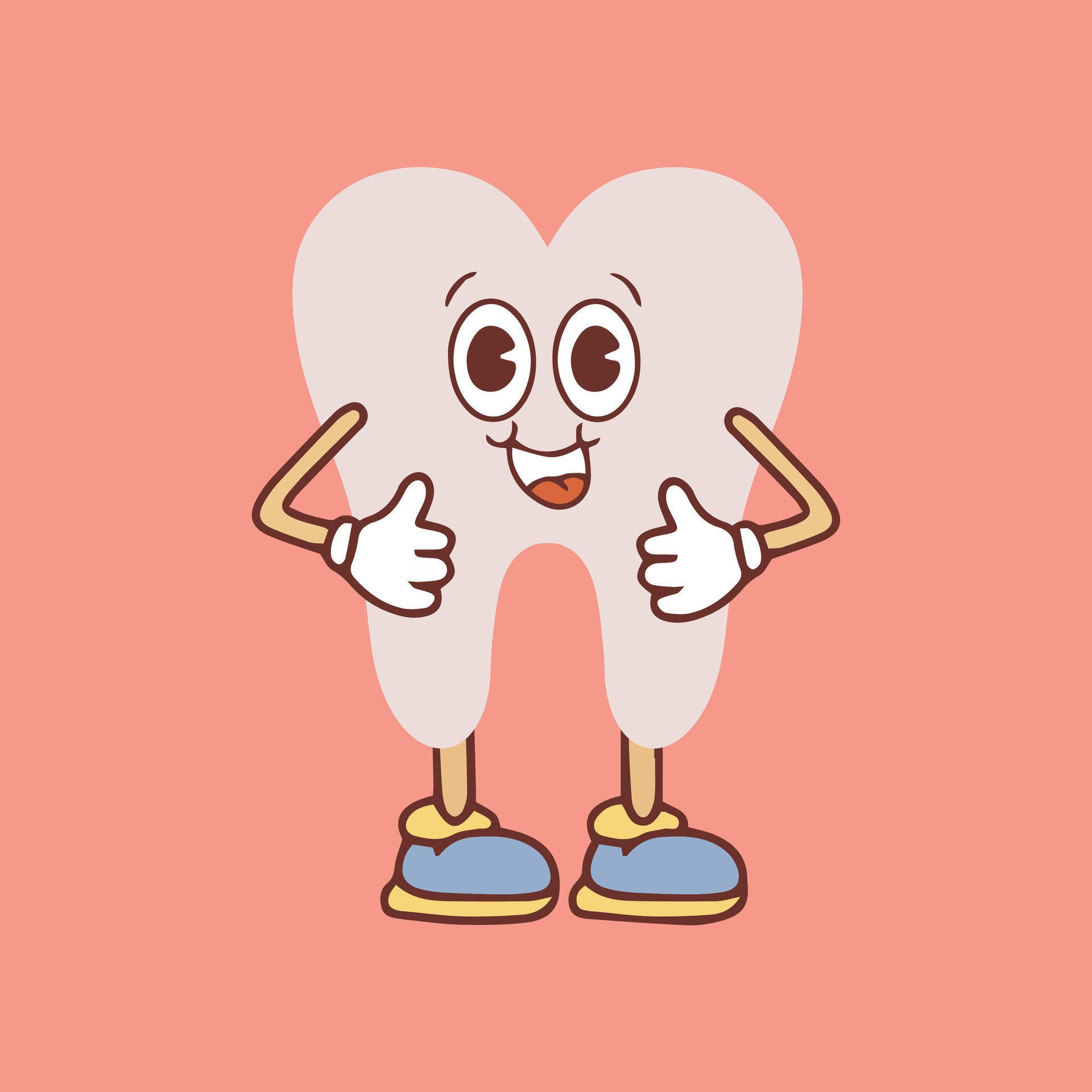 Groovy Tooth Cartoon Character Waving His Hand Funny Healthy White Molar With Happy Face Retro