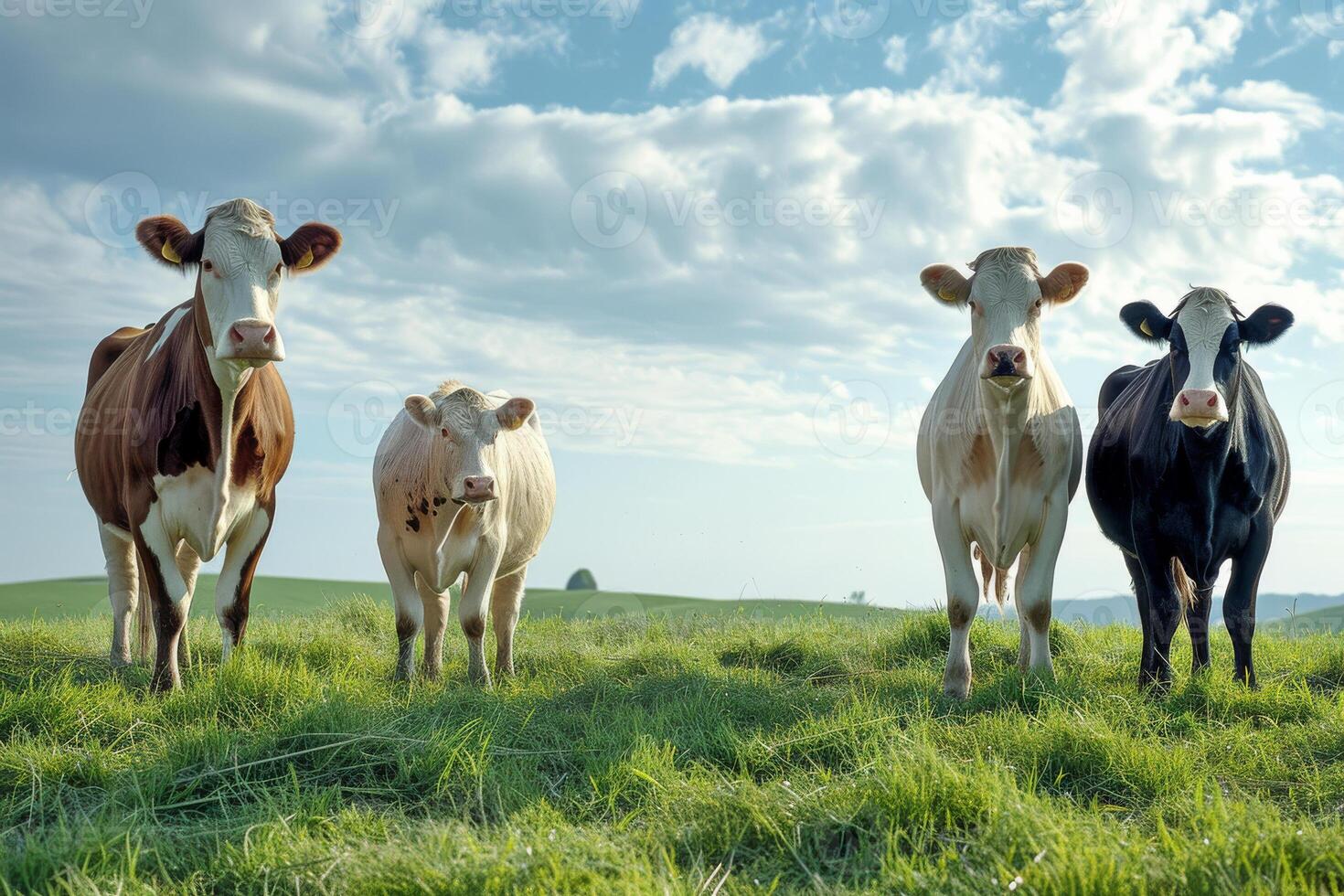 AI generated Four cows standing in green pasture on sunny day 40516119 Stock Photo at Vecteezy