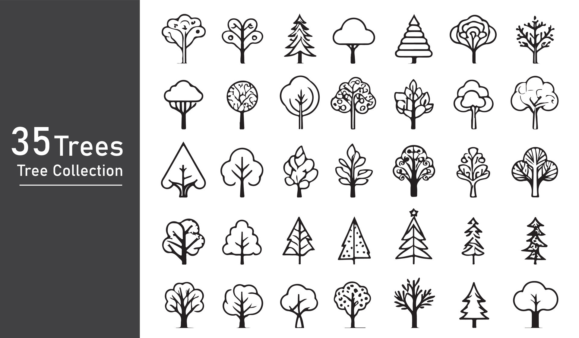 Silhouette Tree Line Drawing Set Side View Set Of Graphics Trees