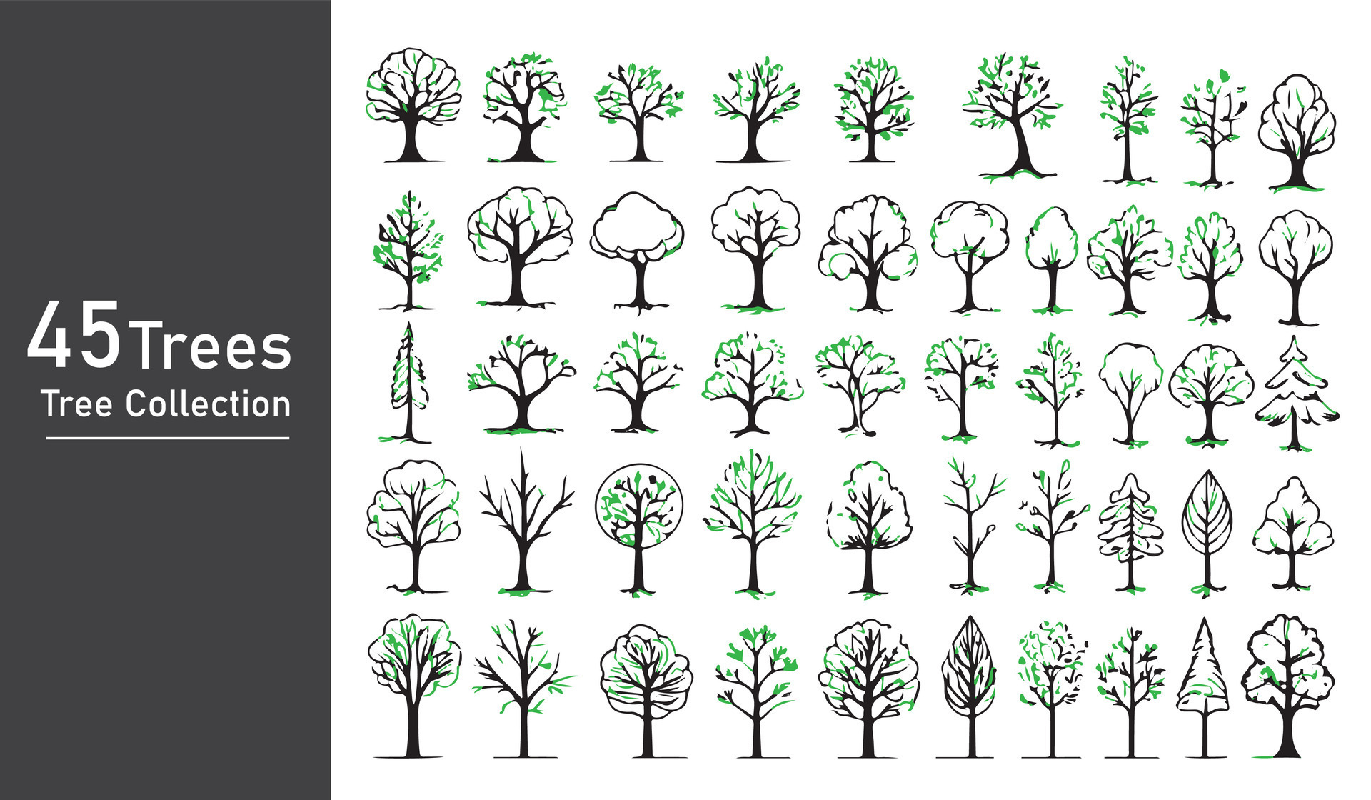 Silhouette Tree Line Drawing Set Side View Set Of Graphics Trees