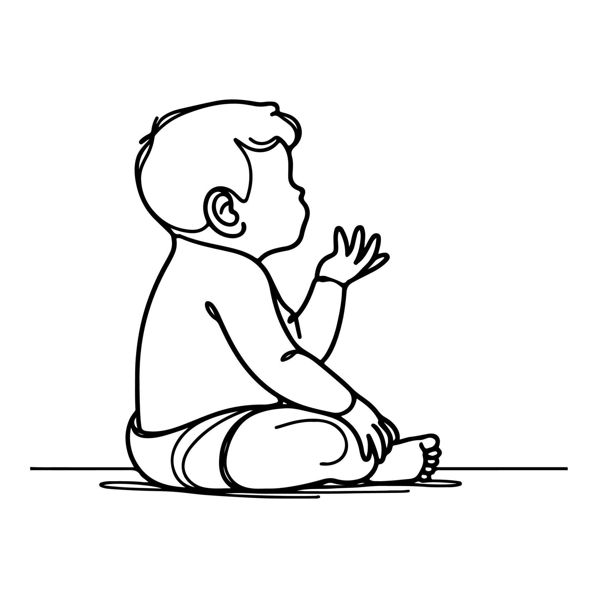 Continuous one black line art hand drawing child sitting alone doodles ...