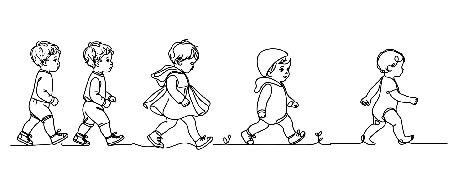 Continuous one black line art hand drawing child walking doodles ...