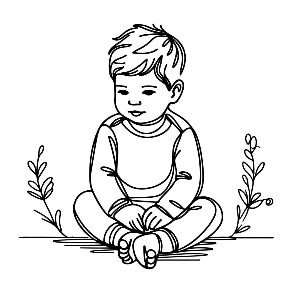 Continuous one black line art hand drawing child sitting alone doodles ...