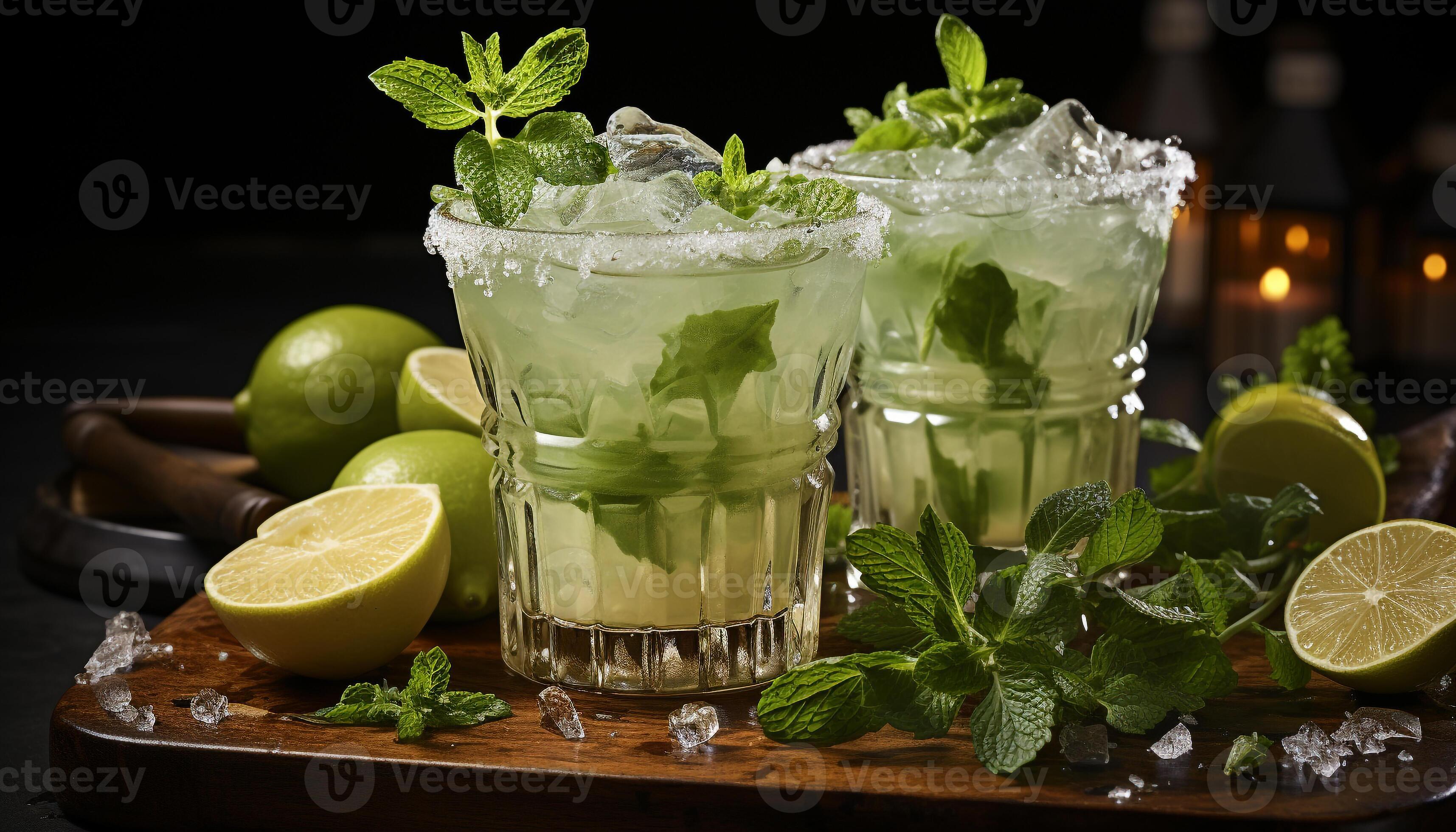 AI generated Refreshing mojito cocktail with citrus fruit and mint leaf garnish generated by AI ...
