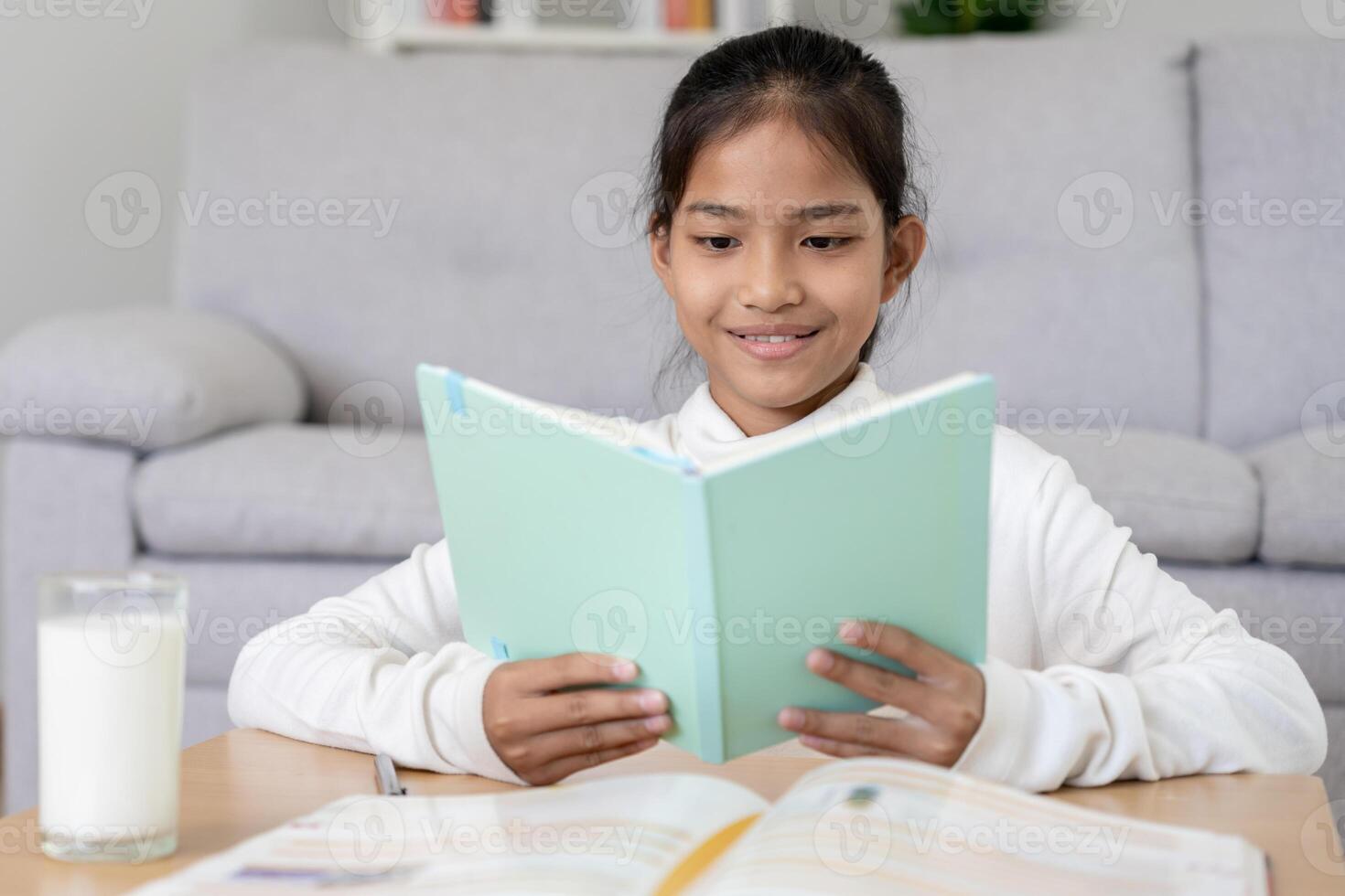 girl learn at home. Do homework, encourage for exam. Asia girl happy Homeschool, education ...