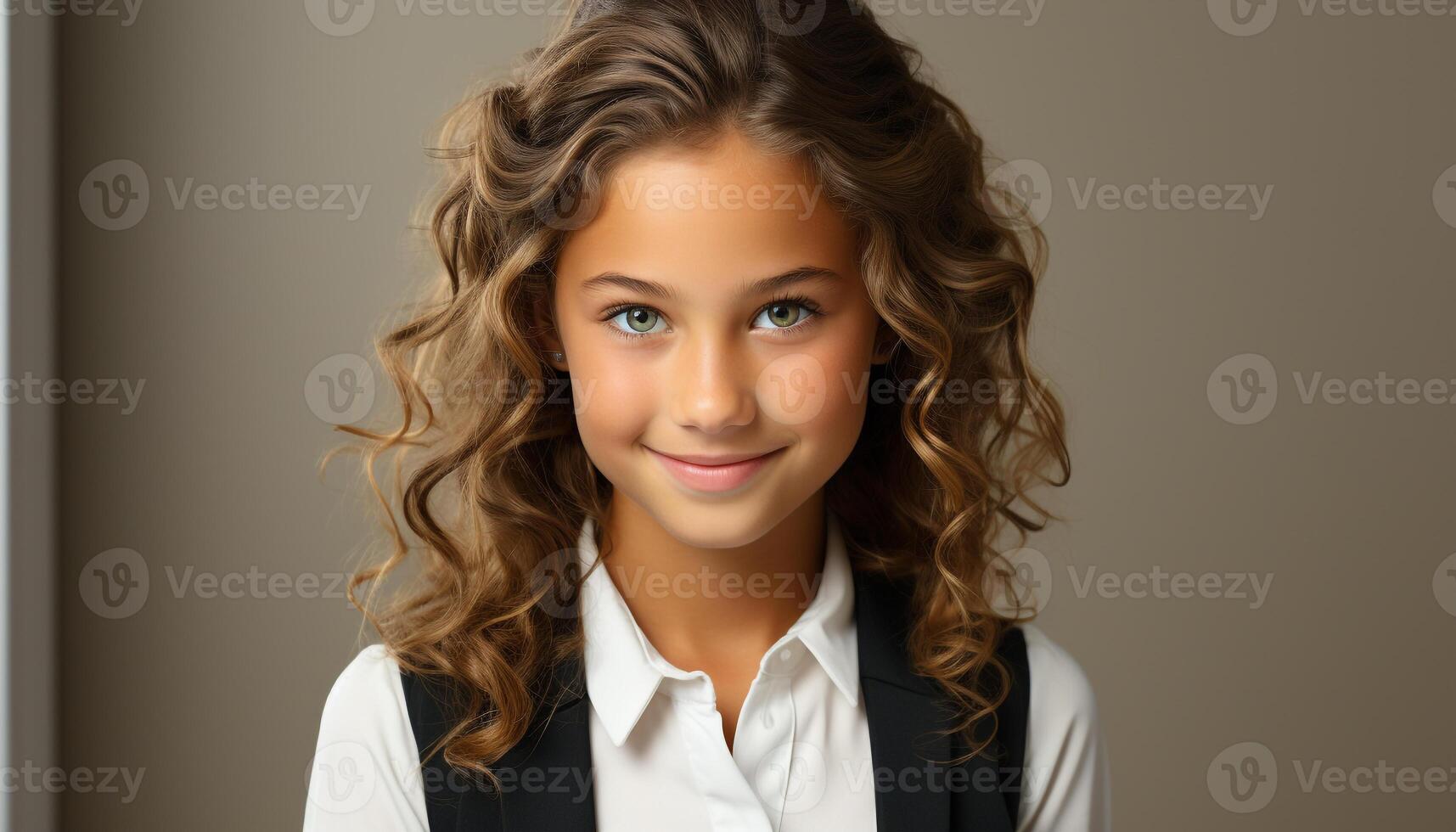 AI generated Smiling Caucasian girl with curly hair exudes confidence ...