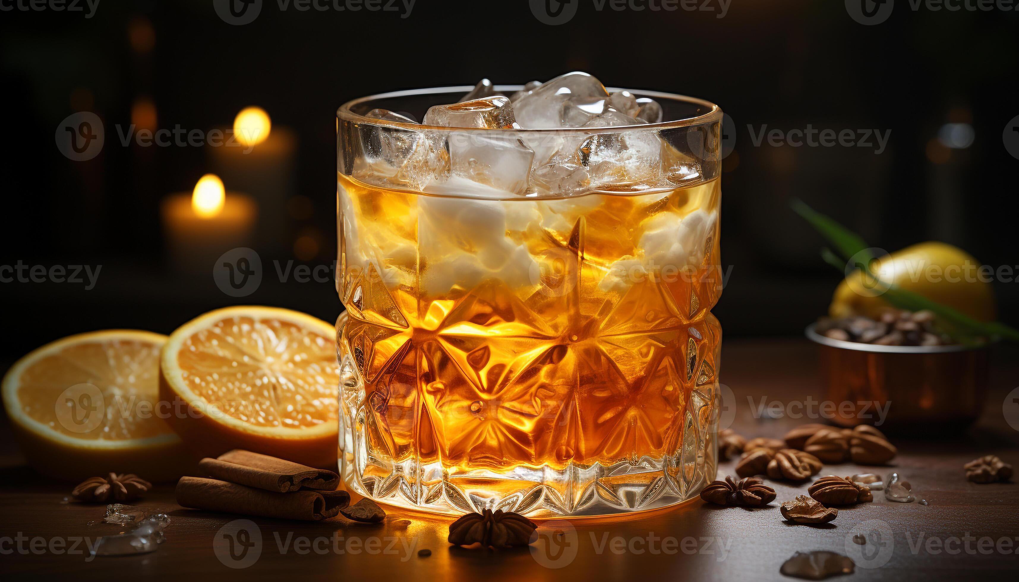 AI generated Refreshing cocktail with ice, whiskey, fruit, and citrus garnish generated by AI ...