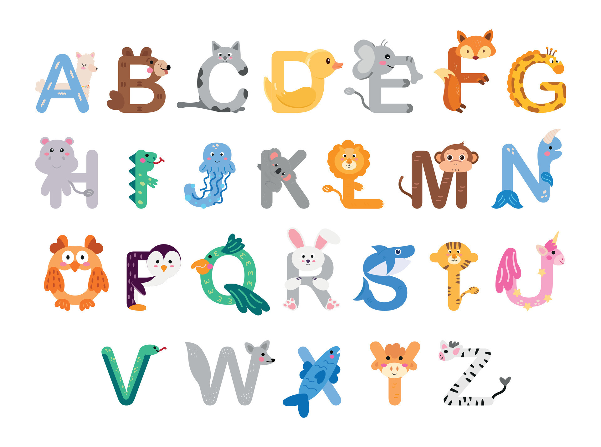 Zoo alphabet. Animal alphabet. Letters from A to Z. Cartoon cute ...